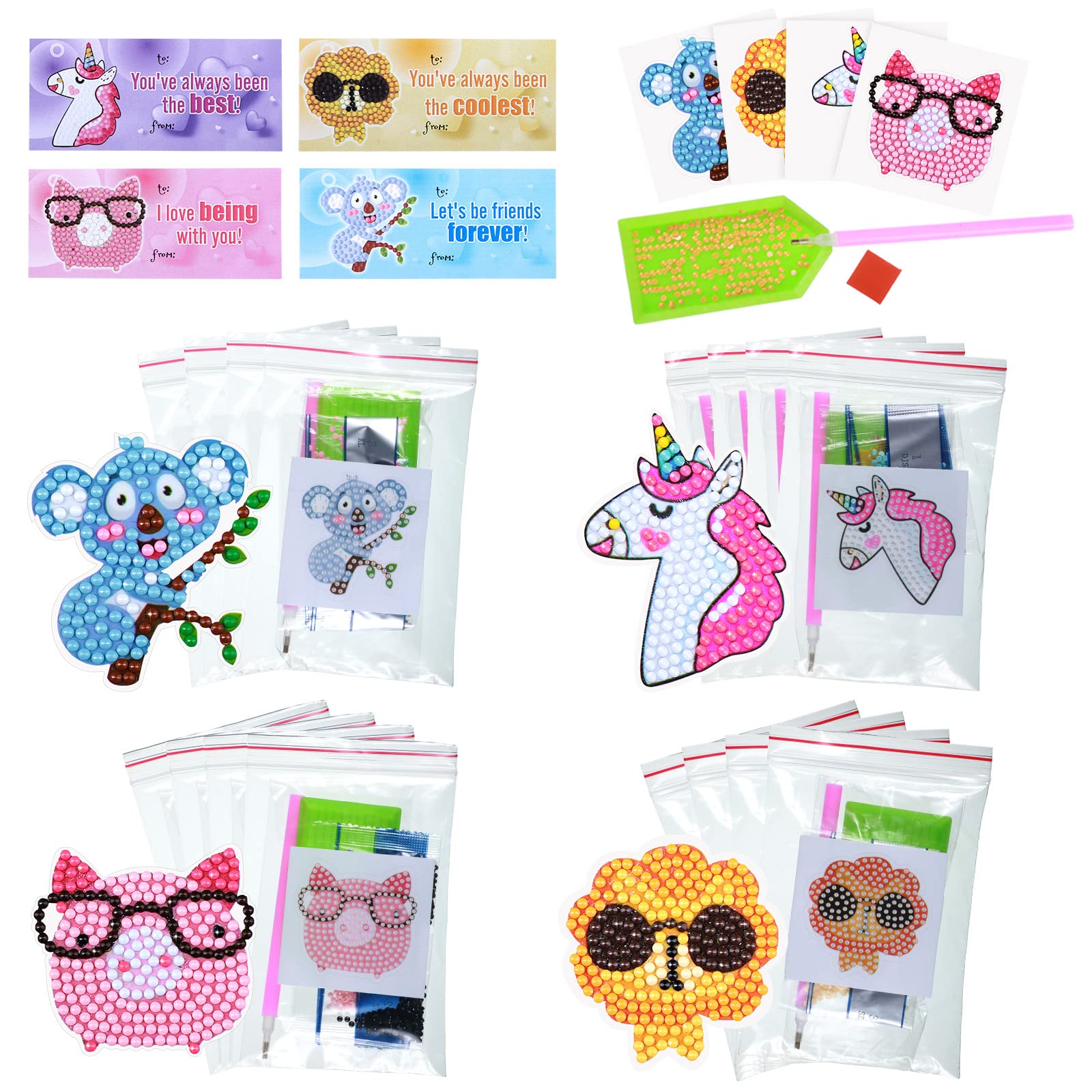 Marspark 16 Pieces Kids Valentine's Day Cards Painting Kits 5D DIY Beginner Animal Painting Stickers for Girls Boys School Classroom Exchange Gifts Craft Activity Party Favors, 4 Styles