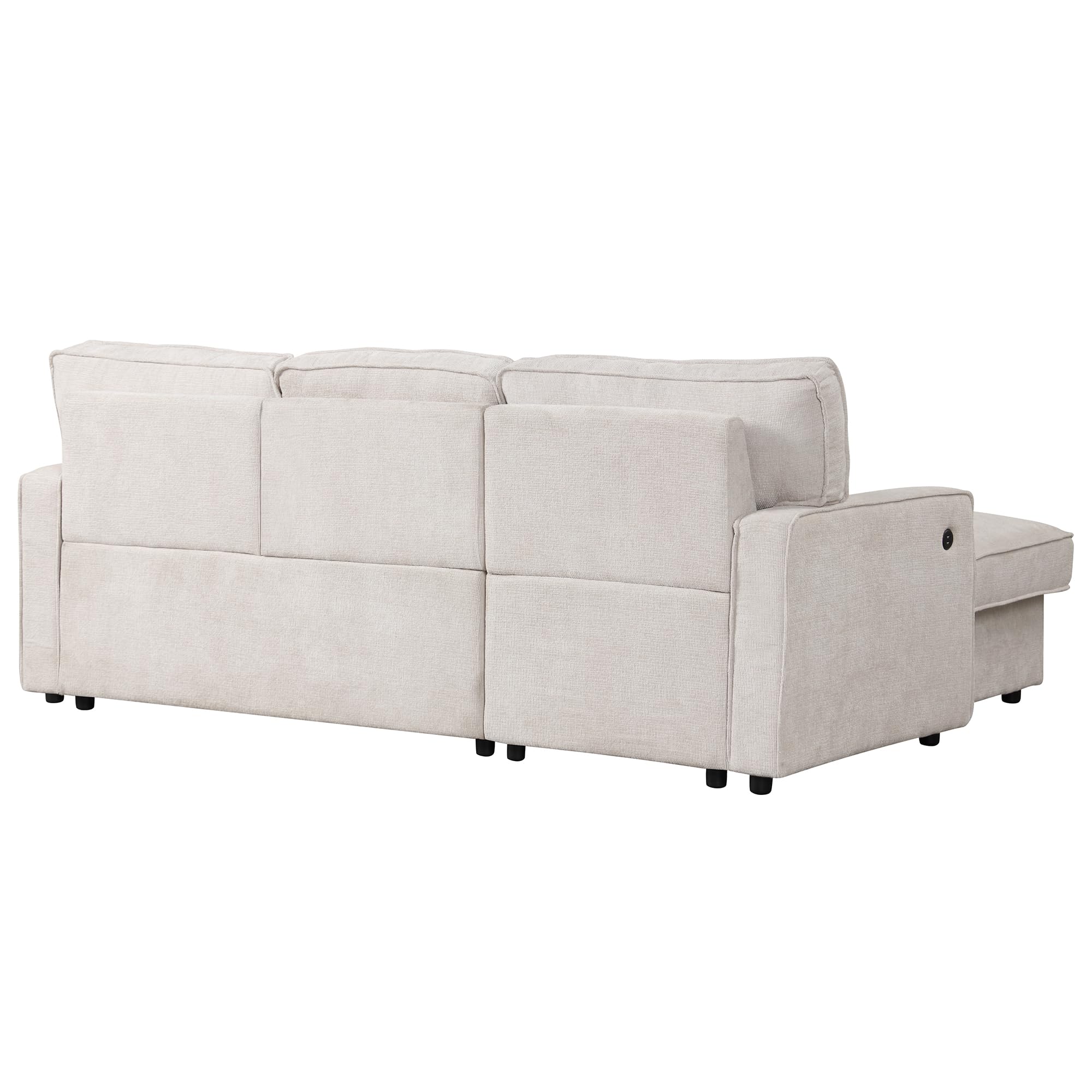 kevinplus 89'' Sectional Sofa Couch L-Shaped with Storage Chaise Lounge for Living Room, Modern 3-Seat Sleeper Sofa Couch with Pull-Out Bed, Cupholder & USB Port, Polyester Fabric, Beige