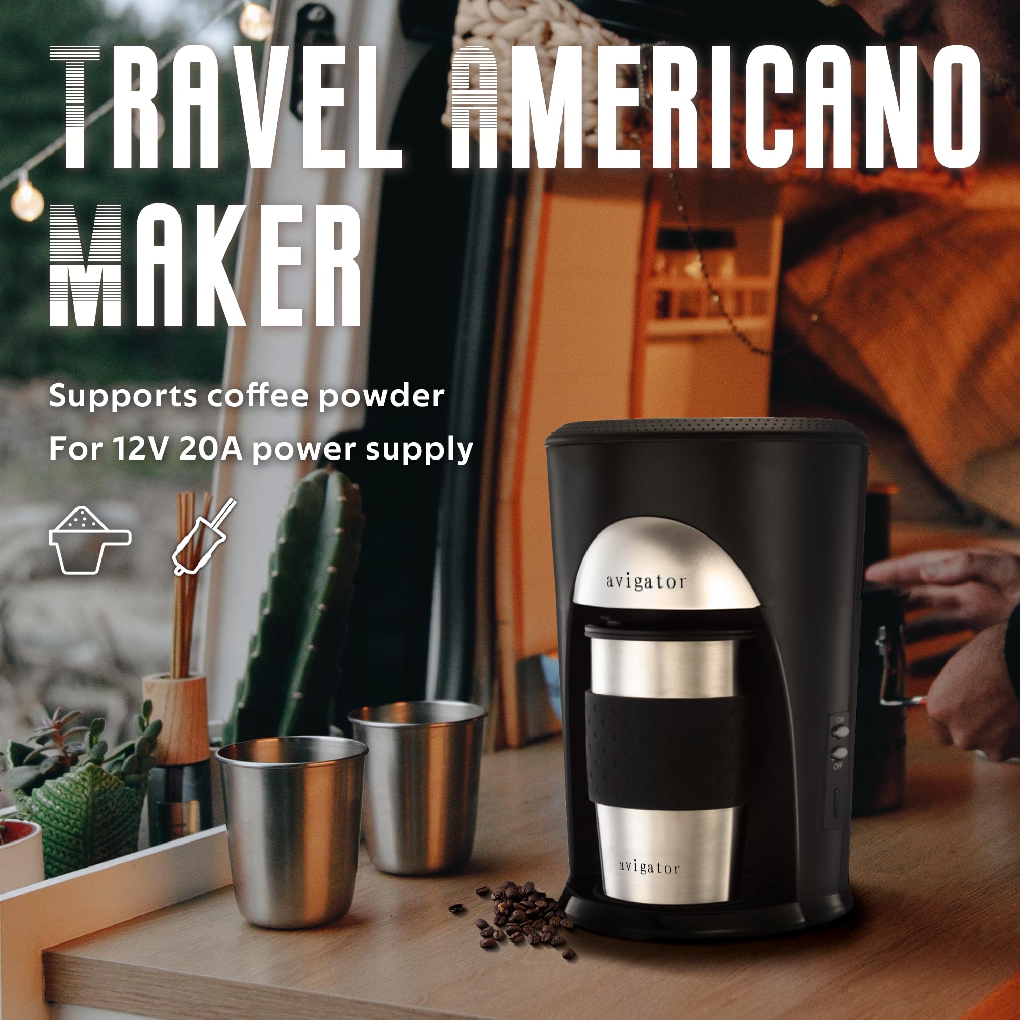 avigator Portable Coffee Maker, 12V Car Coffee Maker, Travel Coffee Machine Fits Car Cigarette Lighter Plug, Auto Shut Off, Ground Coffee Maker for Driving Camping&RV(Silver Black)