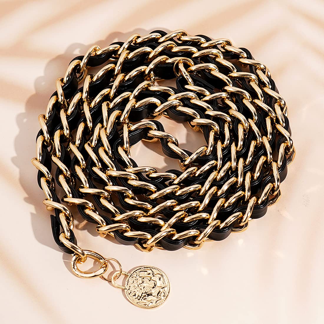 BAOKELAN Women's Leather Chain Belts Double Layer Waist Chain for Jeans Dresses Gold 130CM