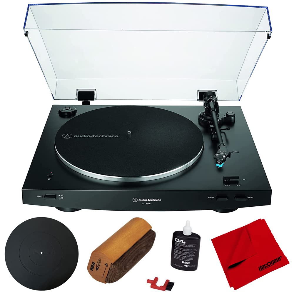 Audio Technica AT-LP3XBT-BK Fully Automatic Wireless Belt-Drive Turntable, Black Bundle with Deco Gear 12" Turntable Platter Mat, Vinyl Record Cleaning Fluid System with Brush & Microfiber Cloth