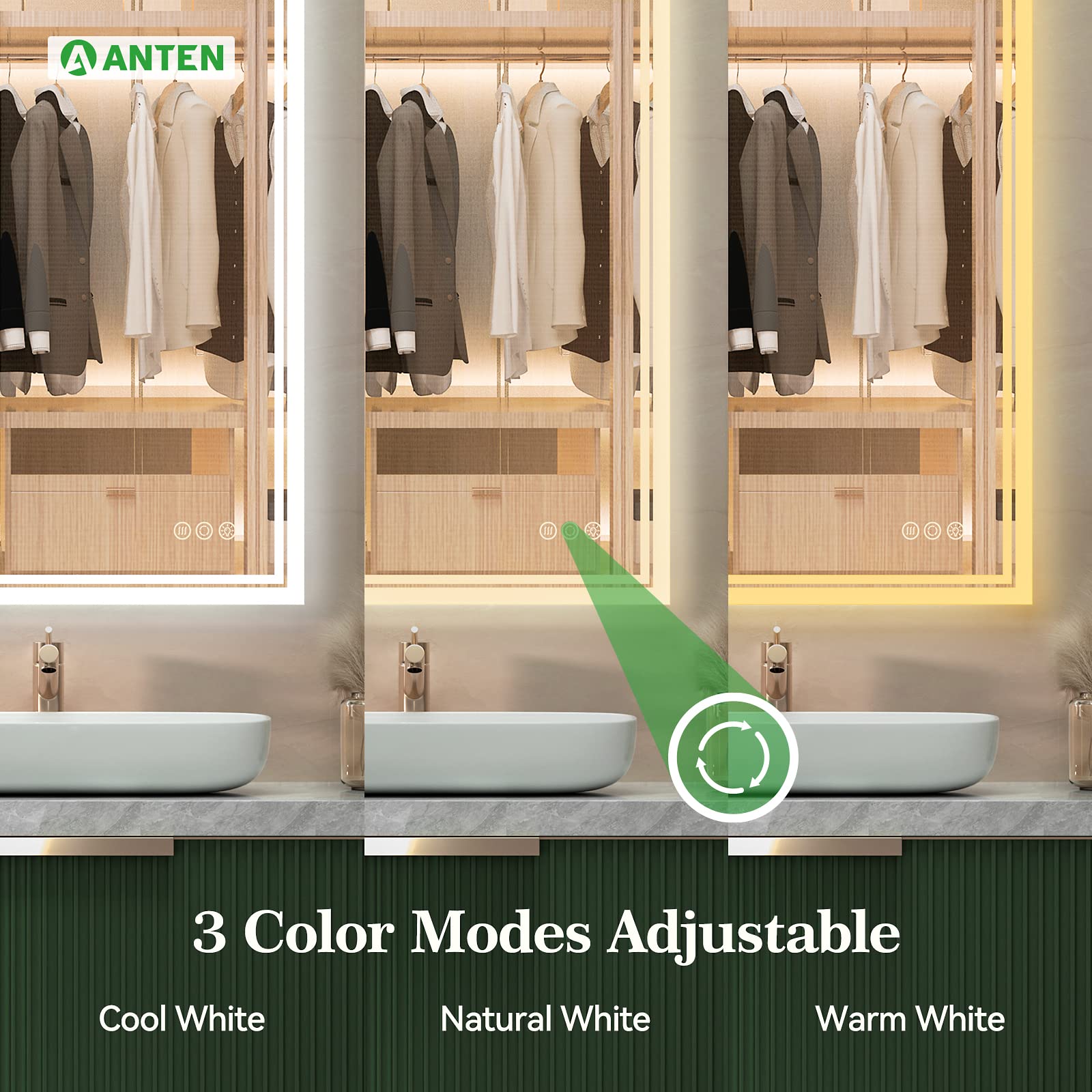 ANTEN 32" x 24" LED Mirror for Bathroom, Backlit Lighted Mirrors for Bathroom Wall, Anti Fog Led Vanity Mirror, 3000-6000K, Stepless Dimmable, IP54, Shatterproof Makeup Mirror
