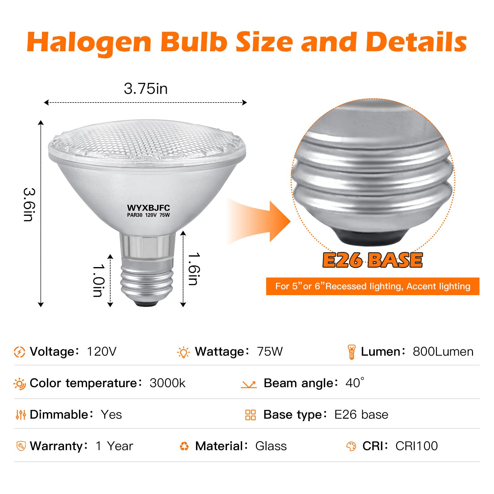 WYXBJFC Par30 75W Halogen Light Bulbs - 6 Pack Short Neck Halogen Flood Light Bulbs, 3000K Warm White, Dimmable Long Lasting Halogen Bulb with E26 Medium Base for Recessed Light Bulb, Track Light
