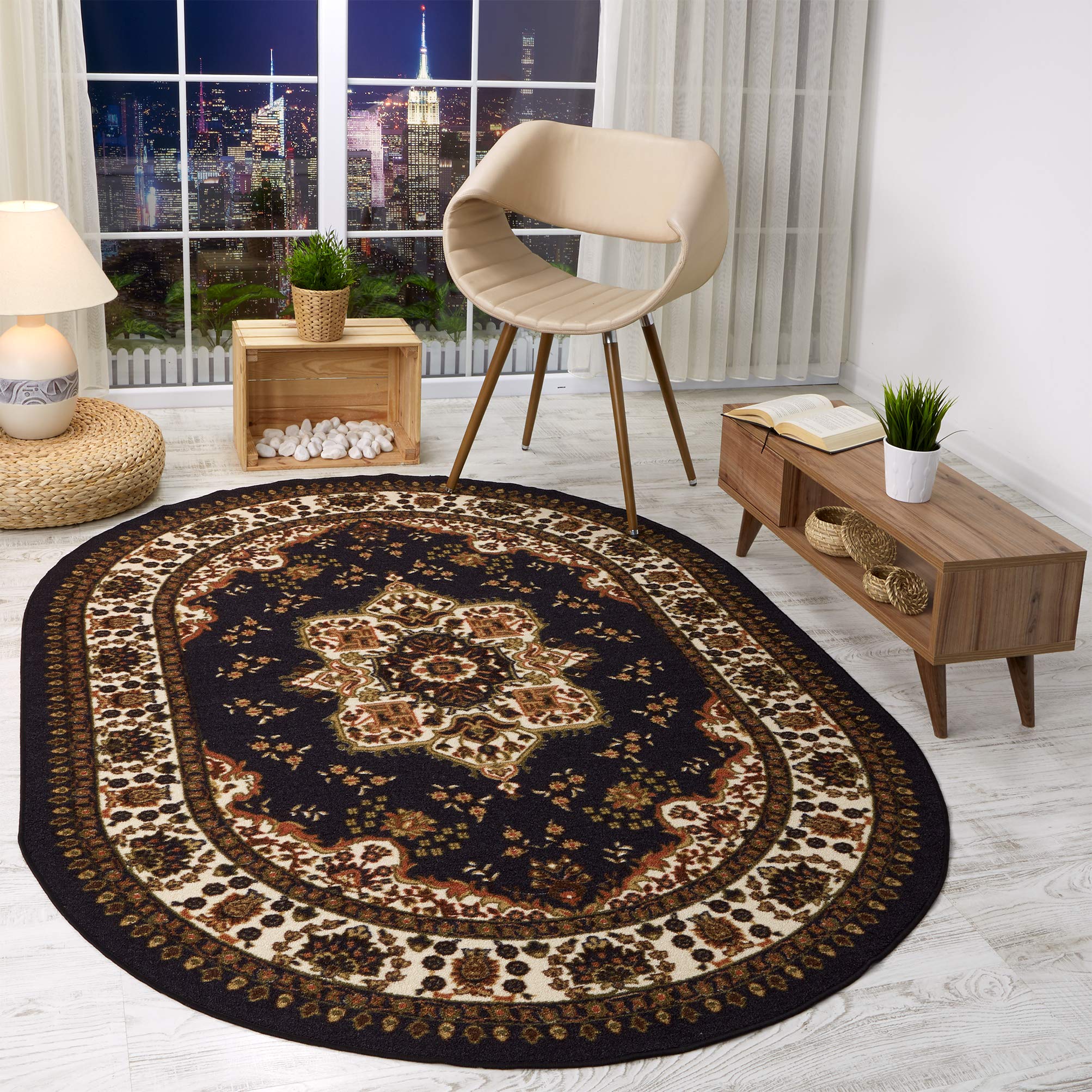 Antep Rugs Alfombras Oriental Traditional 5x7 Non-Skid (Non-Slip) Low Profile Pile Rubber Backing Indoor Area Rugs (Black, 5' x 7' Oval)