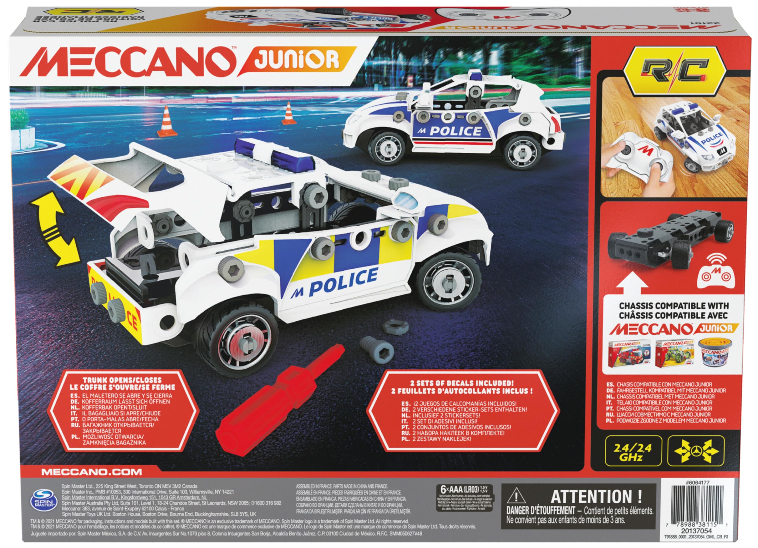 Meccano Junior, RC Police Car with Working Trunk and Real Tools, Toy Model Building Kit, STEM Toys for Kids Ages 5 and up