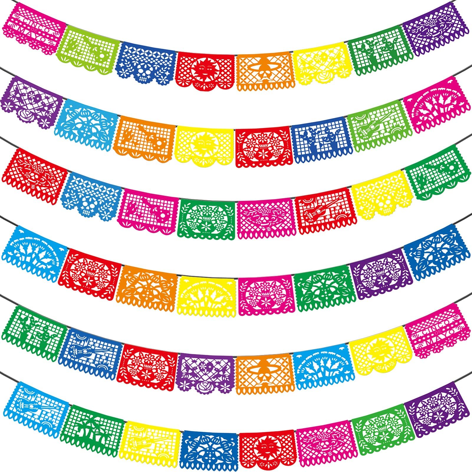 Asoulin 6 PCS 90 Ft Fiesta Party Decorations Mexican Party Banners, Cinco De Mayo Mexico Decor Easter Banner, Plastic Papel Picado, Dia De Los Muertos, Day of The Dead Decor, 12 Patterns/90 Feet Total