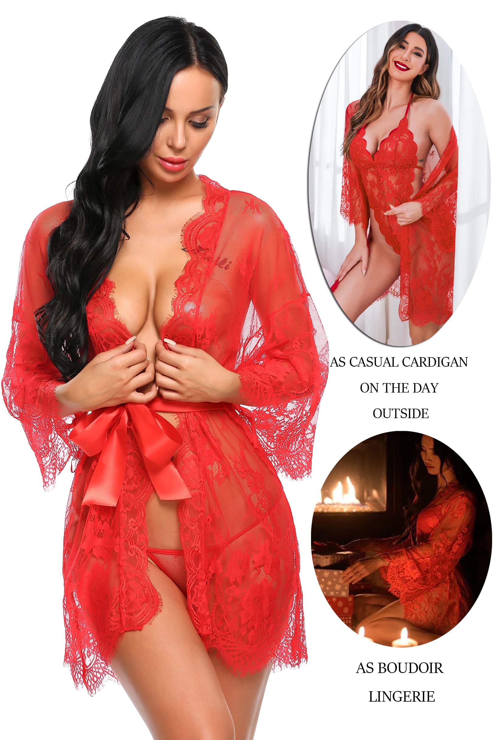 Avidlove red robe Women's Lace Kimono Robe Babydoll Lingerie Mesh Nightgown Red XL
