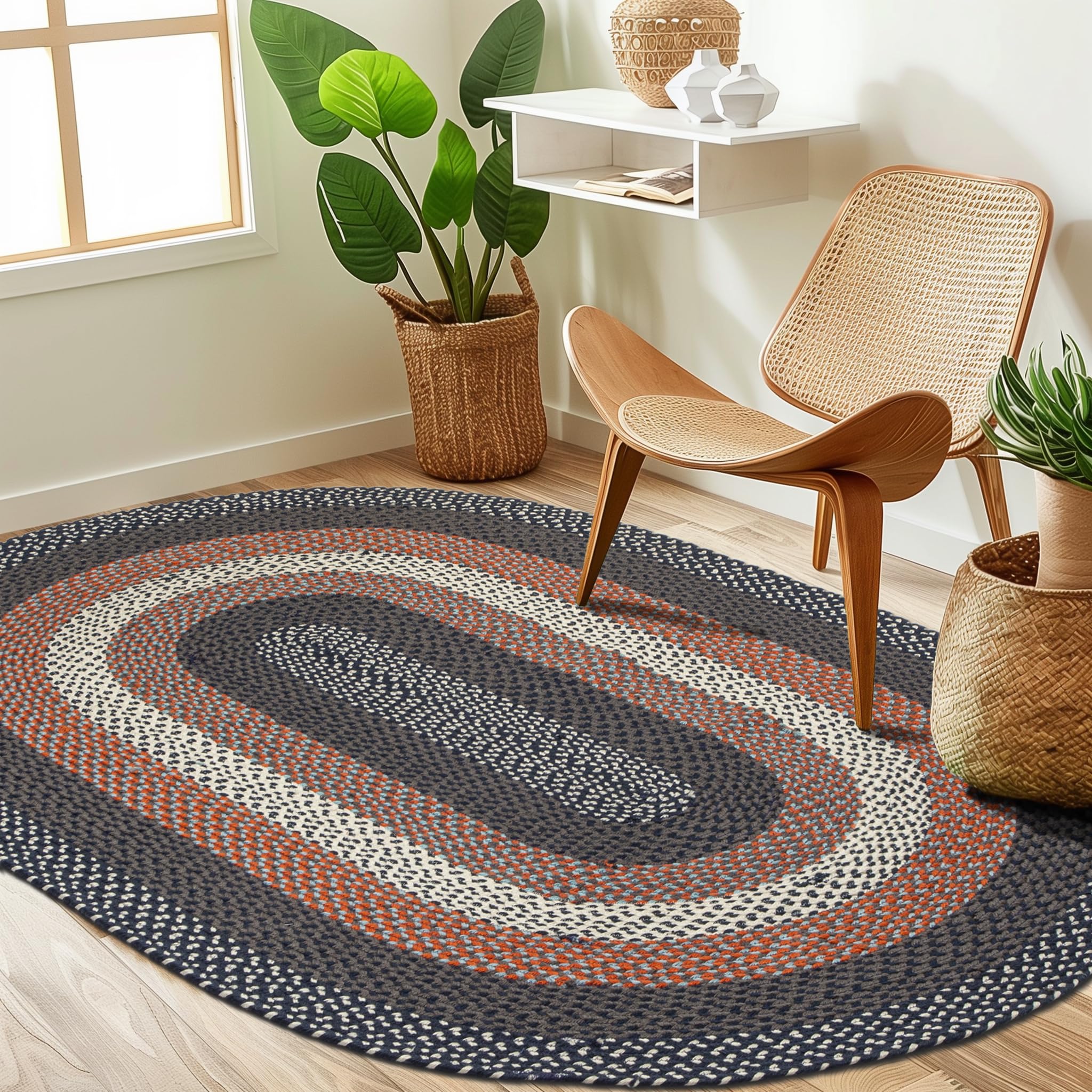 Super Area Rugs Rustic Red/White/Blue Braided Rug for Entryway/Foyer, Washable Navy Indoor Outdoor Braided Rug for Patio/Porch 3' x 5' Oval