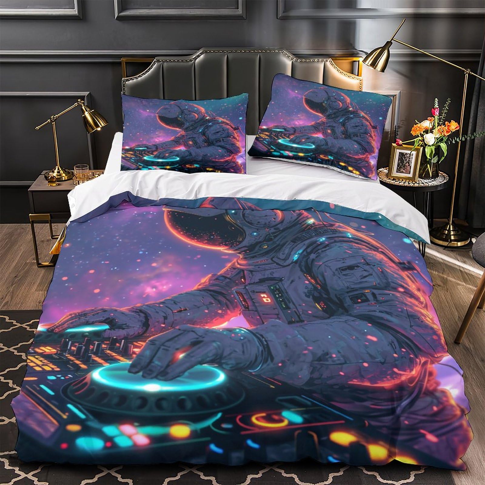 HEYLInGO Astronaut 3D Print Space DJ Quilt Cover Duvet Cover Comforter Covers for Teens and Adults with Pillow Cases Soft Microfiber Bedding Set with Zipper Closure 3 Pieces Twin(173x218cm), Style-3