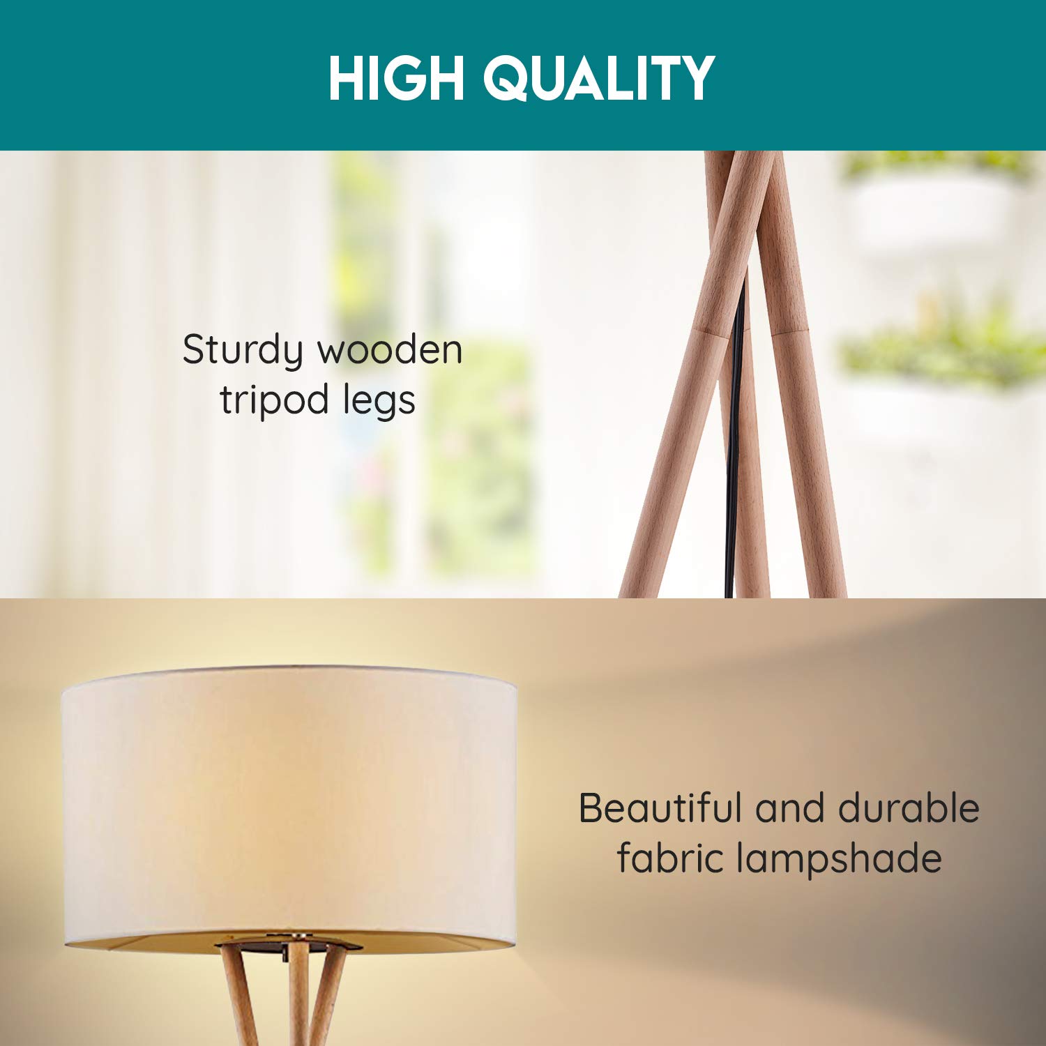 Archiology Tripod Floor Lamp - Modern Wood Floor Lamp with White Drum Shade and E26 Lamp Base,Perfect for Living Room, Bedroom, Study Room and Office