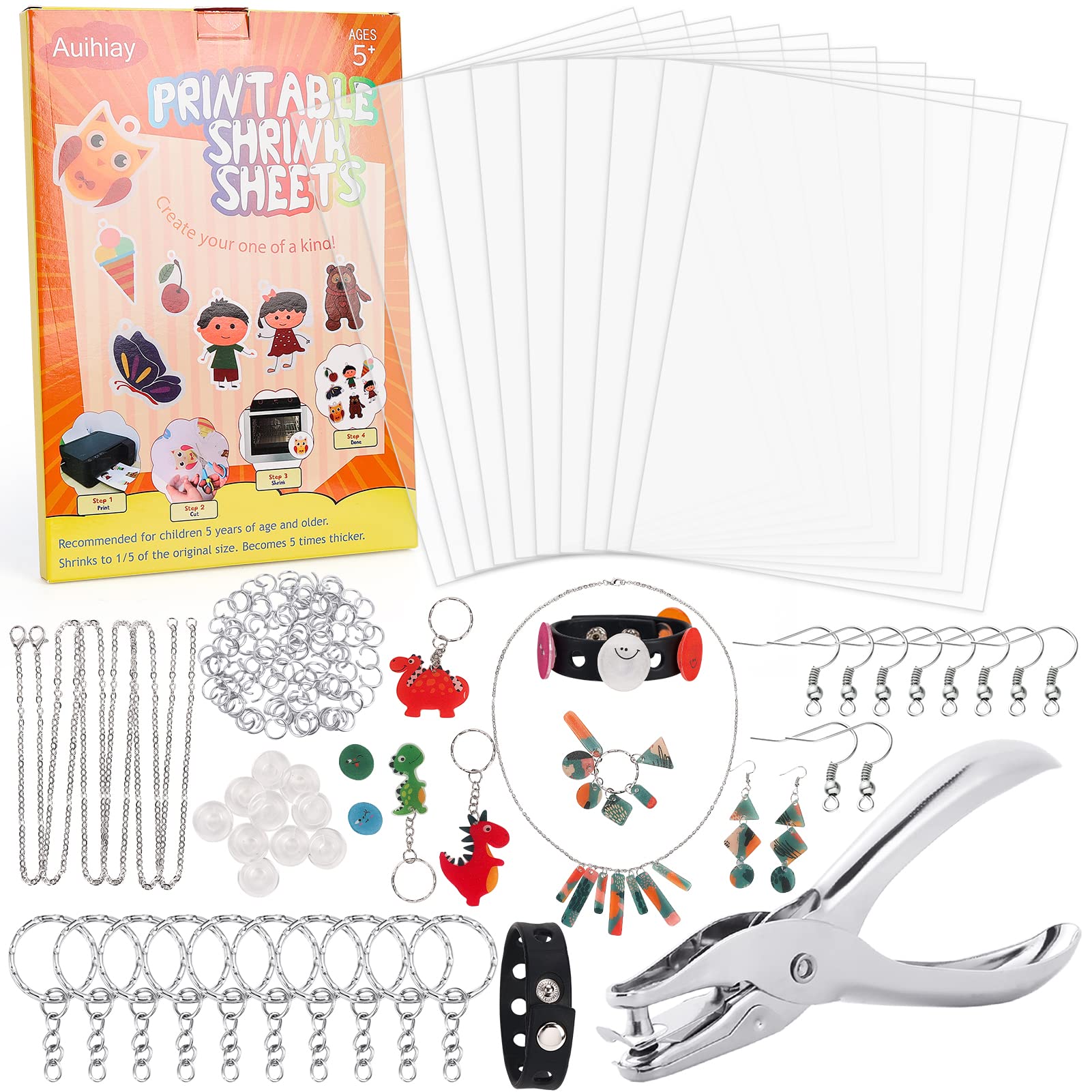 Auihiay 144 PCS Printable Shrink Plastic Sheet Kit Include 10 Sheets Shrink Films Papers for Inkjet Printer (8.3 x 11.6 inch), 134 DIY Accessories, Creative Crafts for Kids All Ages
