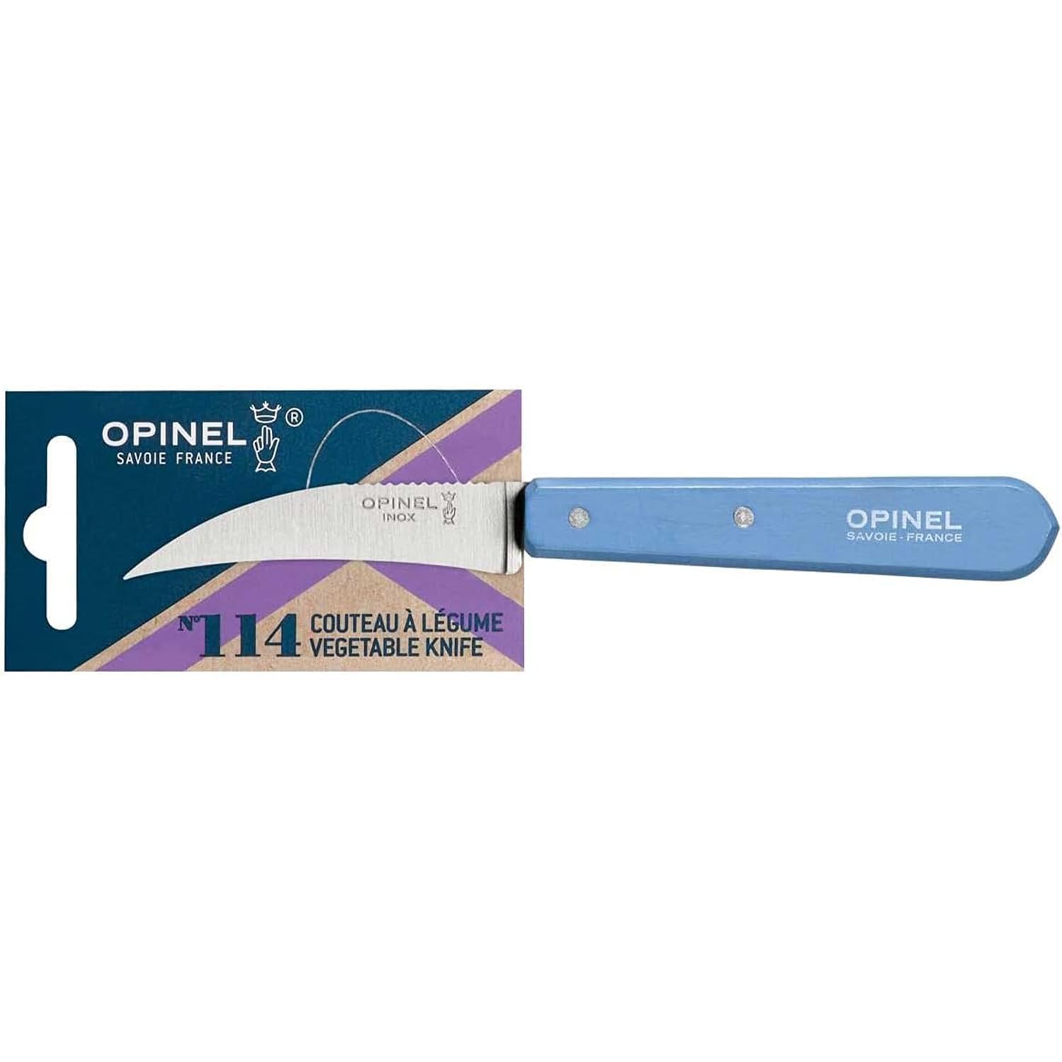 OPINEL Essential Single Kitchen Knife, Cooking Tool Bird's Beak Knife, Veggie Knife, Painted Hornbeam Wood Handles, Made in France (No. 114, Blue)