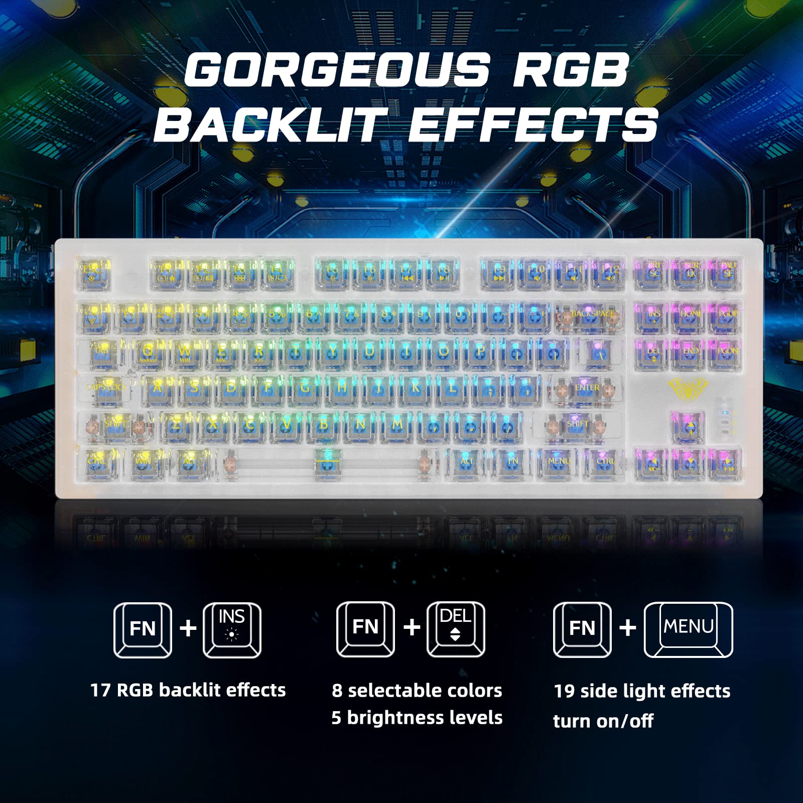 AULA Wireless Mechanical Keyboard, 3 in 1 Hot Swappable RGB Mechanical Gaming Keyboard with Transparent Keycaps, All Keys Anti-Ghosting Gaming Keyboard for PC Windows Mac