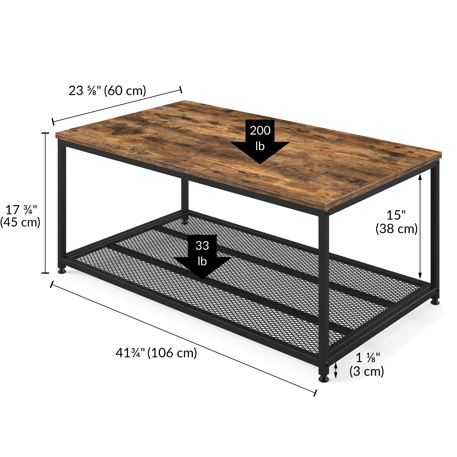 Ballucci Modern Coffee Table with Storage Shelf, Large 2-Tier 41.75" Living Room Center Table with Metal Frame and Wood Accent Furniture - Rustic Brown