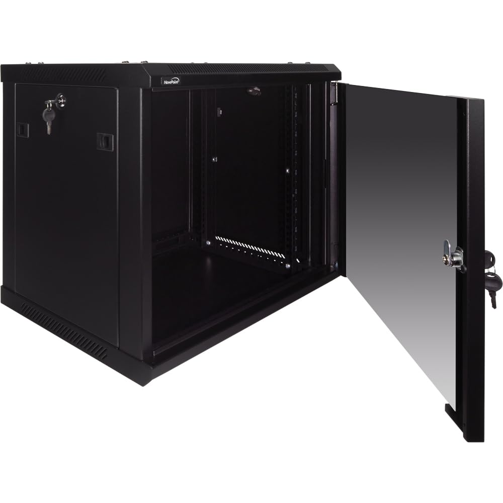 NavePoint 9U Server Rack Enclosure - 17.7β Deep, 9U Wall Mount Network Cabinet with Locking Glass Door for 19β IT Equipment, 9U Network Rack with 2 Fans, Removable Side Panels, Black