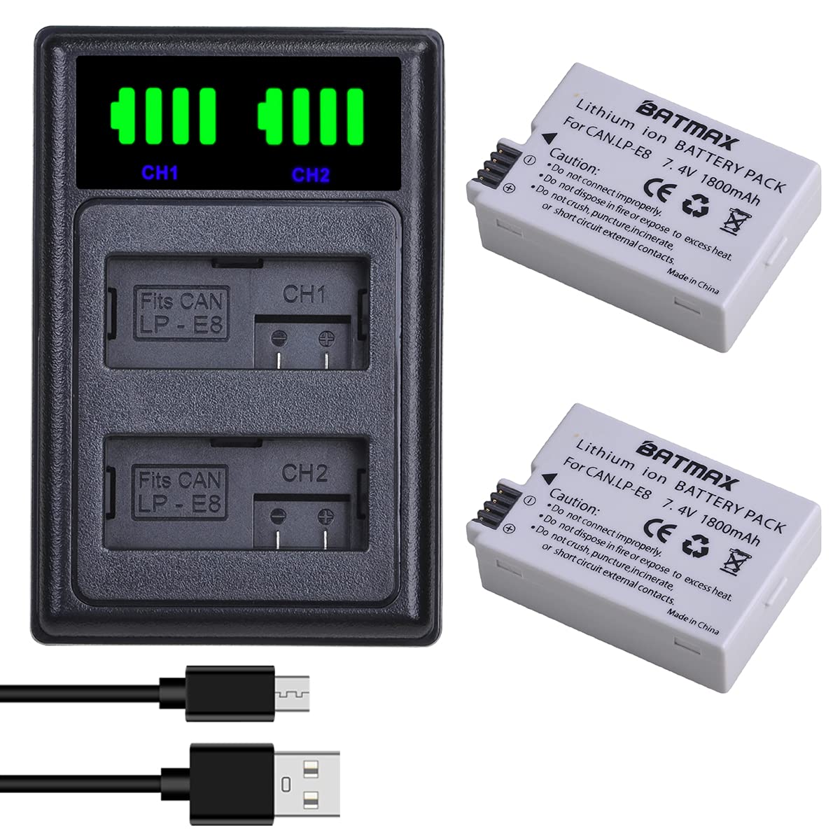 Batmax 2-Pack LP-E8 LP E8 Battery (1800mAh)+ LCD Dual USB Charger for Canon EOS Rebel T2i, T3i, T4i, T5i, EOS 550D, EOS 600D, EOS 650D, EOS 700D DSLR Digital Camera