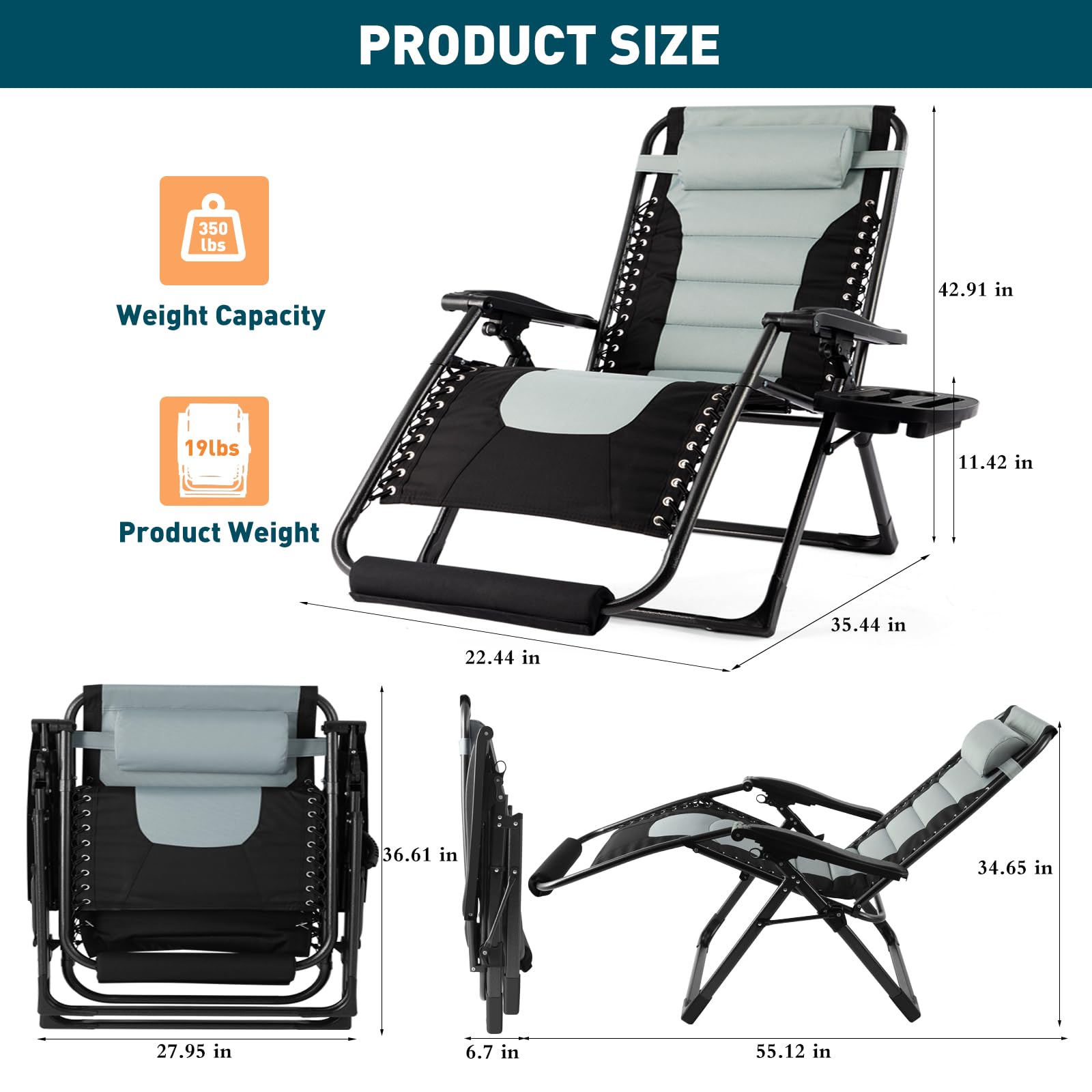 Fitnessclub Zero Gravity Chair, 350Lbs Capacity Oversize XL Outdoor Anti Gravity Chairs, Patio Lounge Folding Adjustable Recliner with Adjustable Headrest, Foot Pad & Cup Holder