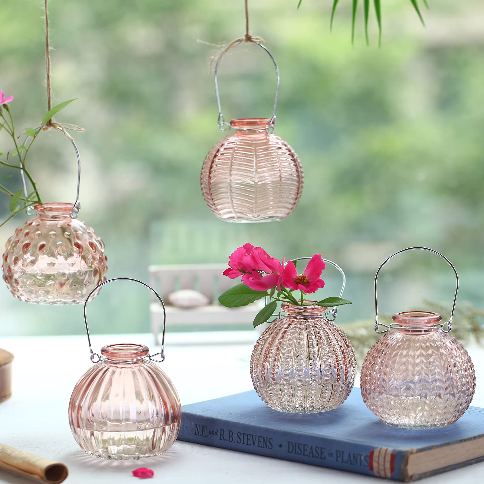 ELEGANTTIME Single Glass Bud Vase Pink Glass Vases for Centerpieces Decor Glass Flower Vase Bottle with Crok Wire Iron Handle Design for Cafes, Office Table, Home and Garden
