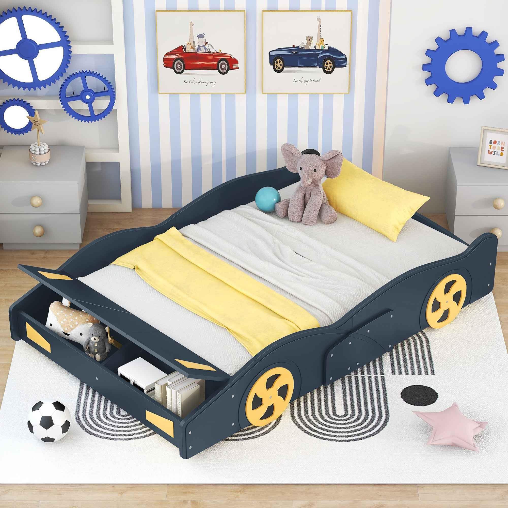 ATY Full Size Platform Bed with Storage, Race Car-Shaped Bedframe w/Wheels Design, Funny for Kids, Toddlers, 90.6" L x 55.3" W x 15.7" H, No Spring Needed, Dark blue