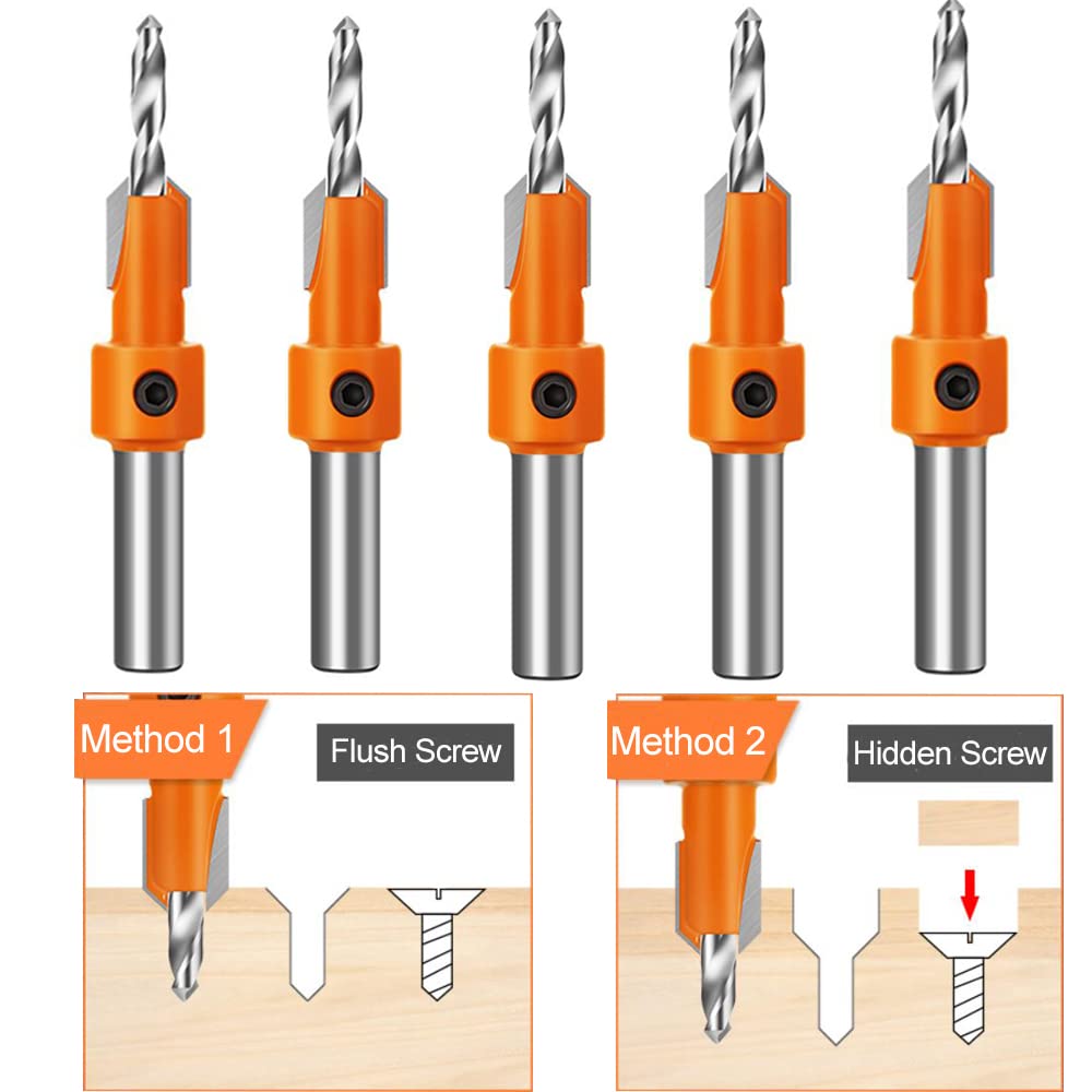 ASNOMY 10Pcs Wood Countersink Drill Bit Set, 5Pcs Countersink Drill Bit with 5Pcs Extra Pilot Drill bit, Tapered Drill Bits with 5/16" Round Shank, Counter Sinker Drill Bit Set for Woodworking
