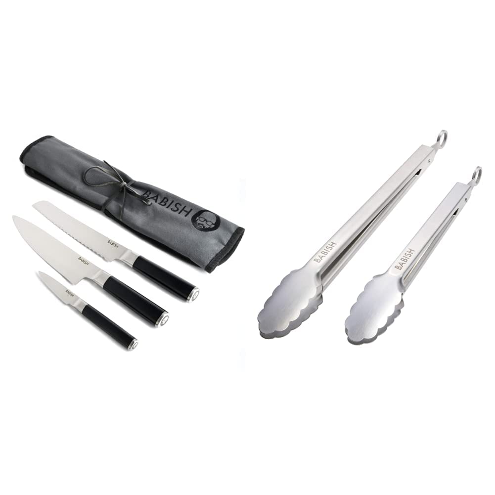 Babish German High-Carbon 1.4116 Steel Cutlery, 3-Piece w/Knife Roll & 12” & 9” Locking Kitchen Tong Set, Stainless Steel