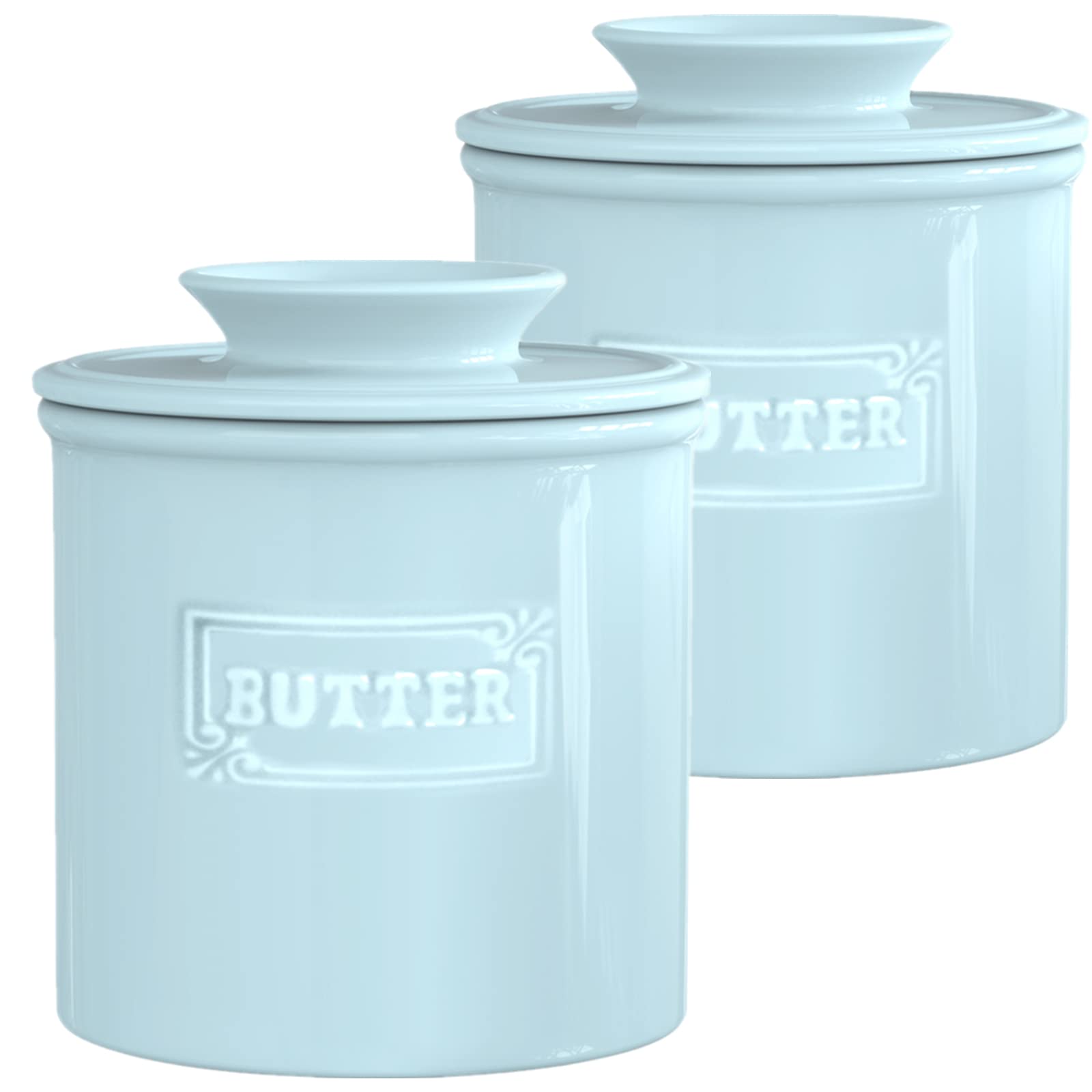 AVLA 2 Pack Ceramic Butter Crock, French Butter Dish with Water Line, Butter Keeper Butter Container for Countertop, Big Capacity, Aqua Blue