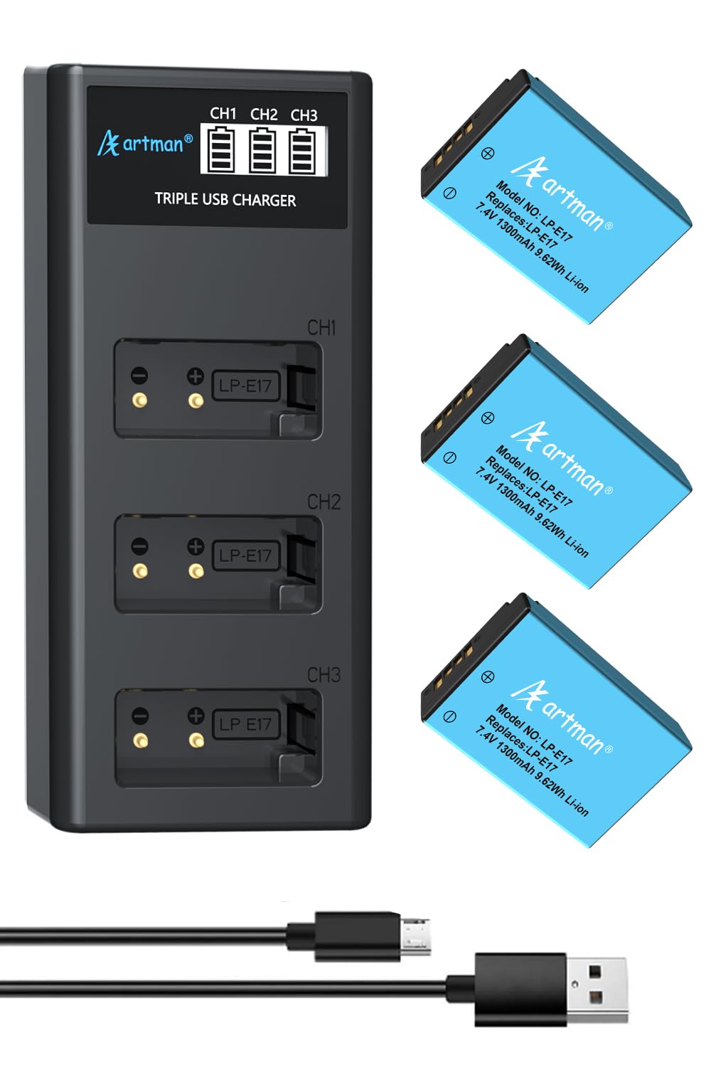 Artman 3-Pack LP-E17 Batteries 1300mAh and 3-Channel LCD Charger Pack for Canon EOS RP R10 R8 R50 Rebel T6i T7i T8i T6s SL2 SL3 EOS M3 M5 M6 200D 77D 750D 760D 800D 8000D KISS X8i Camera