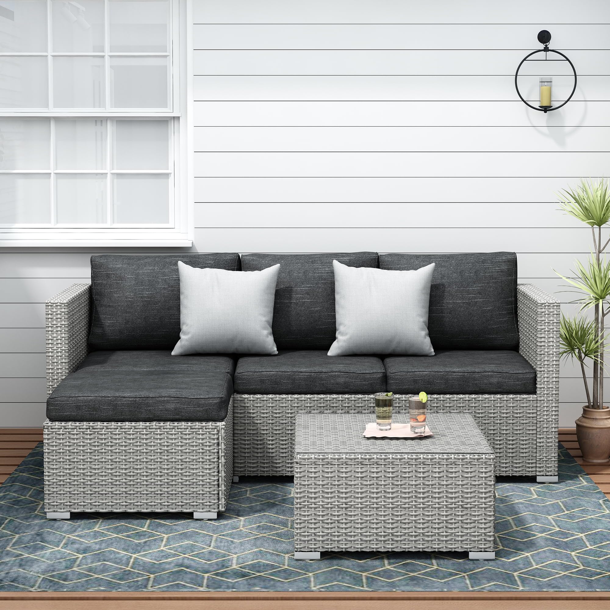 Patio Furniture Sectional Sofa Set â 3 Piece All Weather Resin Wicker Outdoor Conversation Set Black Washable Cushions & Coffee Table | Garden | Backyard | Pool | 2 Clips