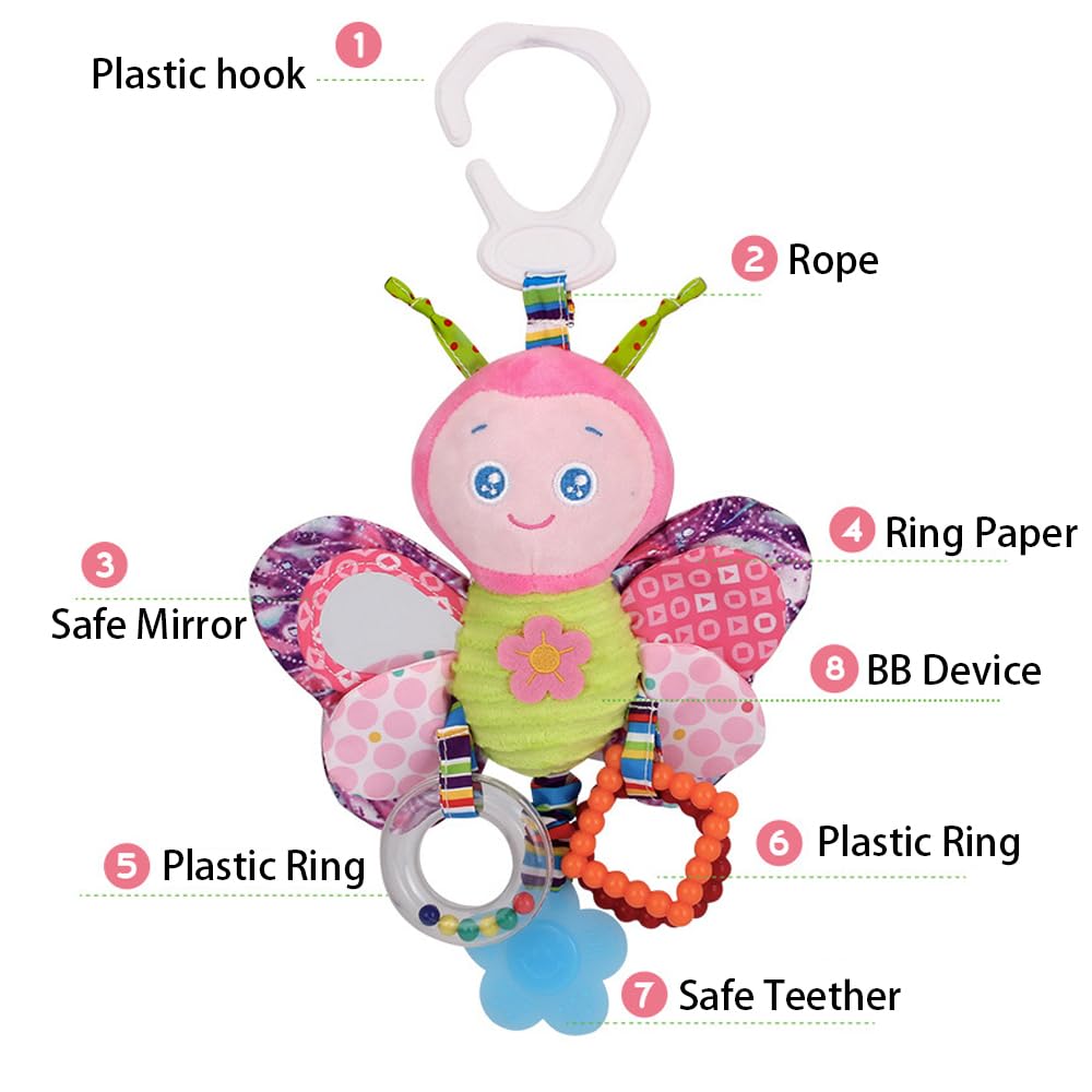 D-KINGCHY Baby Toy 0-6 Months, Baby Car Seat Stroller Toy Teething Toy, Soft Giraffe Hanging Toy with Sound and Teether for 0-3 Years Old (Yellow)