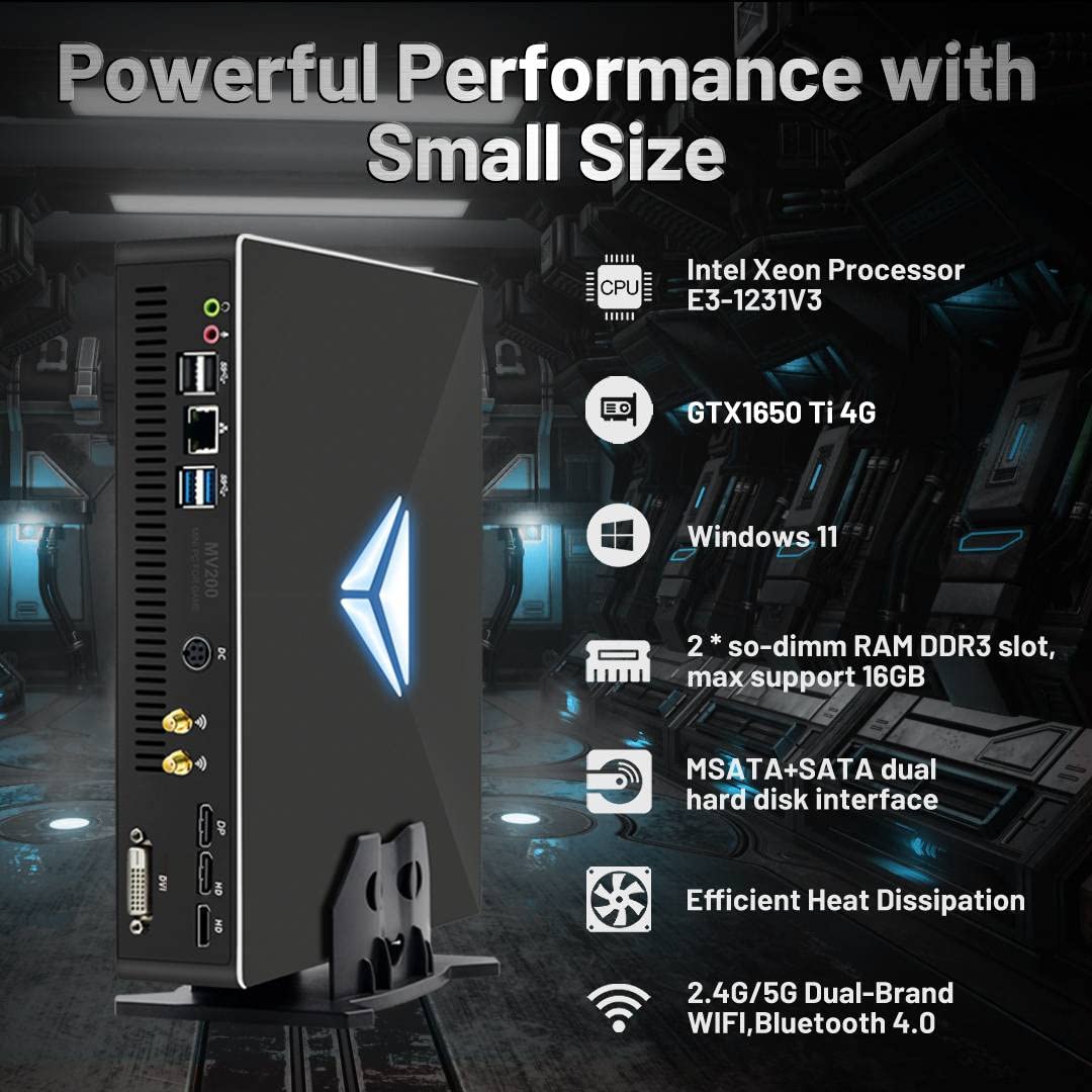 BOESIIPC Mini Gaming PC, Desktop Computer Server with Xeon E3-1231 v3, GTX1650 4G, 16G RAM|512G SSD, Windows 11 Pro, 4K@60Hz, Quad Screen Outputs, Dual-Band WiFi, Gigabit Network