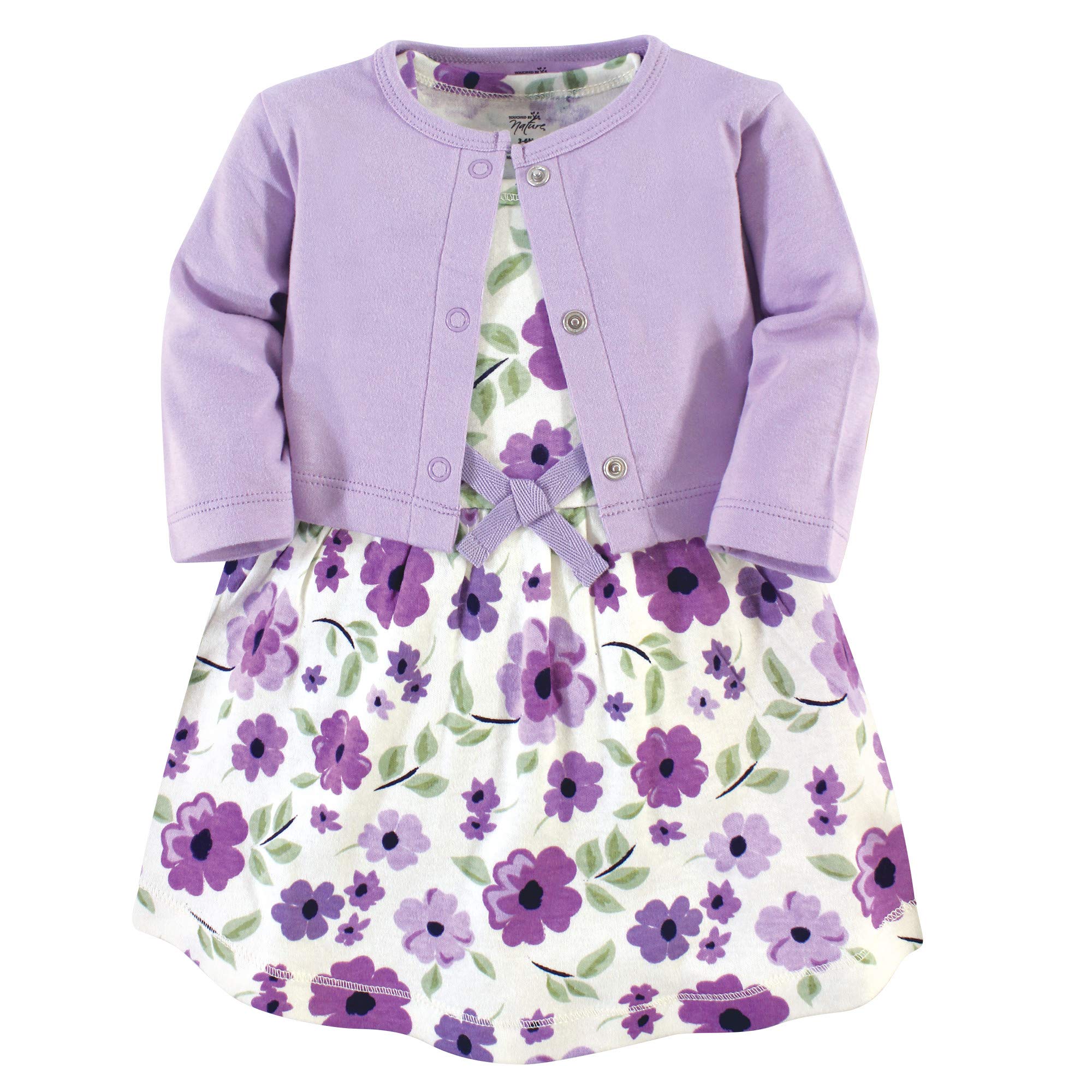 Touched by Nature Baby Girls' Organic Cotton Dress and Cardigan, Purple Garden, 12-18 Months