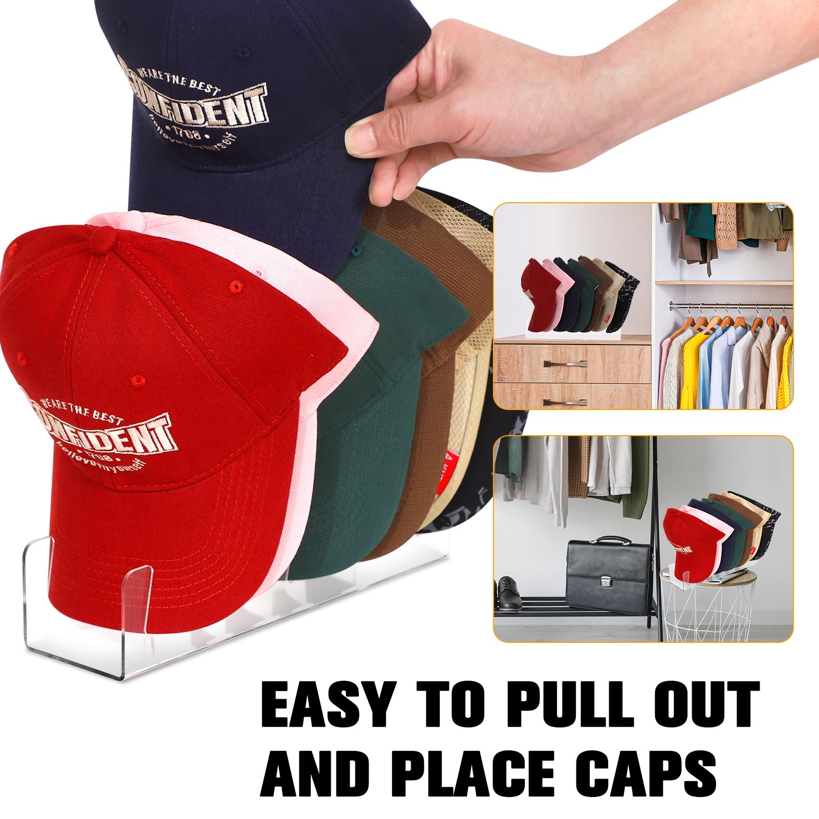 Dimber 4-Pack Hat Stand for Baseball Caps Display and Organizer, No Install Acrylic Hat Holder for 28 Baseball Caps , Hat organizer for bedroom(Clear)
