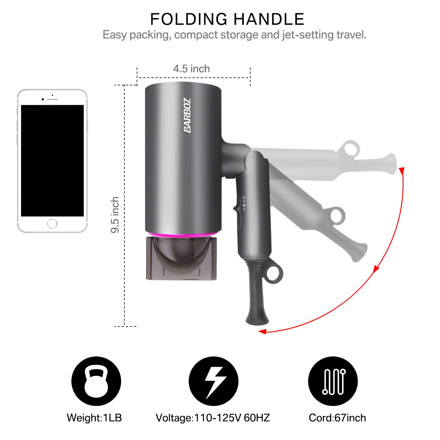 BARBOZ Hair Dryer , Powerful Home Lonic Hair Blow Dryer for Fast Drying , Foldable Hair Blower with Hot,Warm,Cold Settings and Contains Concentrator and Diffuser , Low Noise , Lightweight