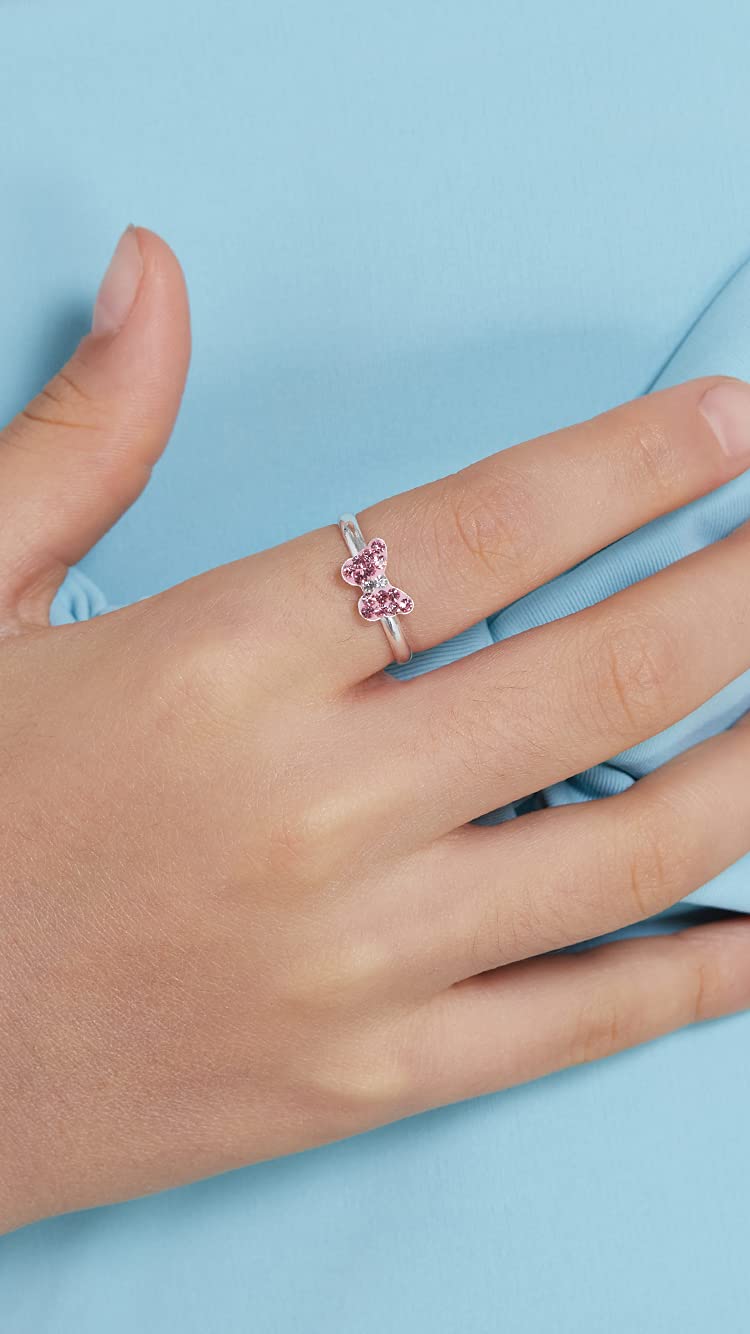 AUBE JEWELRY Hypoallergenic 925 Sterling Silver Crystal Butterfly Ring Adjustable Size for Children (Pink)
