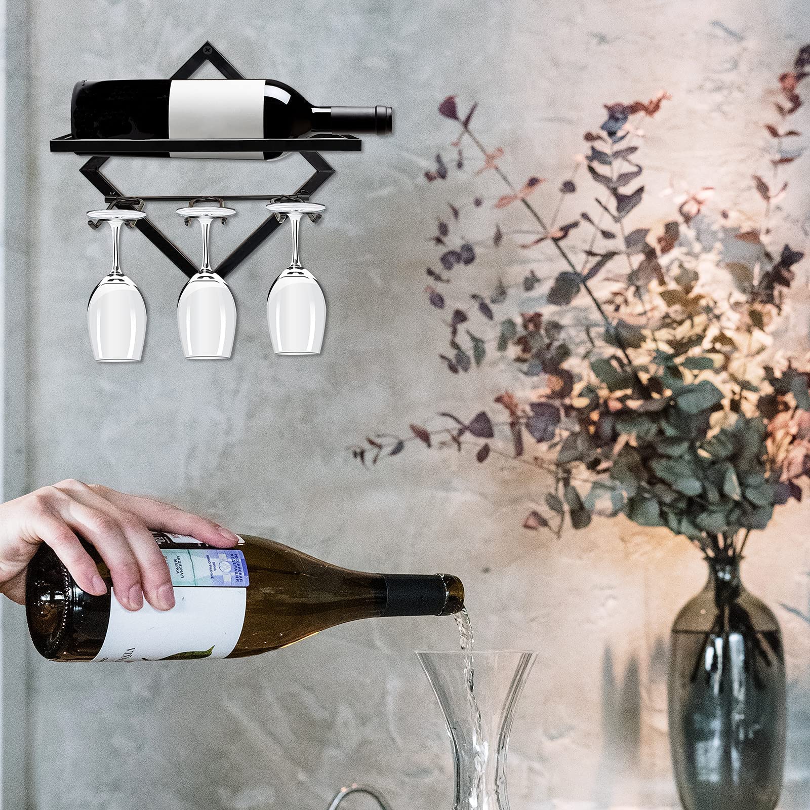 AUHOKY Metal Wall Mounted Wine Holder Stemware Glass Rack, Collapsible Hanging Red Wine Racks Organizer with 3 Stem Glass Holders, Wine Bottle Display Hanger for Home Kitchen Bar Decor
