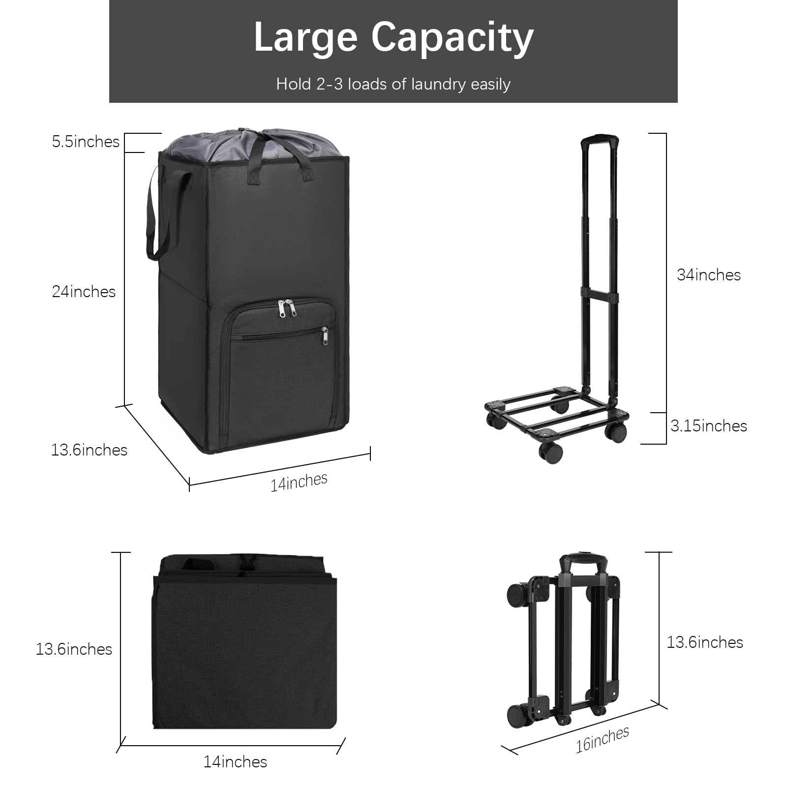 Bukere Extra Large Rolling Laundry Basket with Wheels, 90L Freestanding Collapsible Laundry Hamper Bag for Clothes Storage, Removable Wheeled Cart for College Dorm Apartment Laundry Room Bathroom