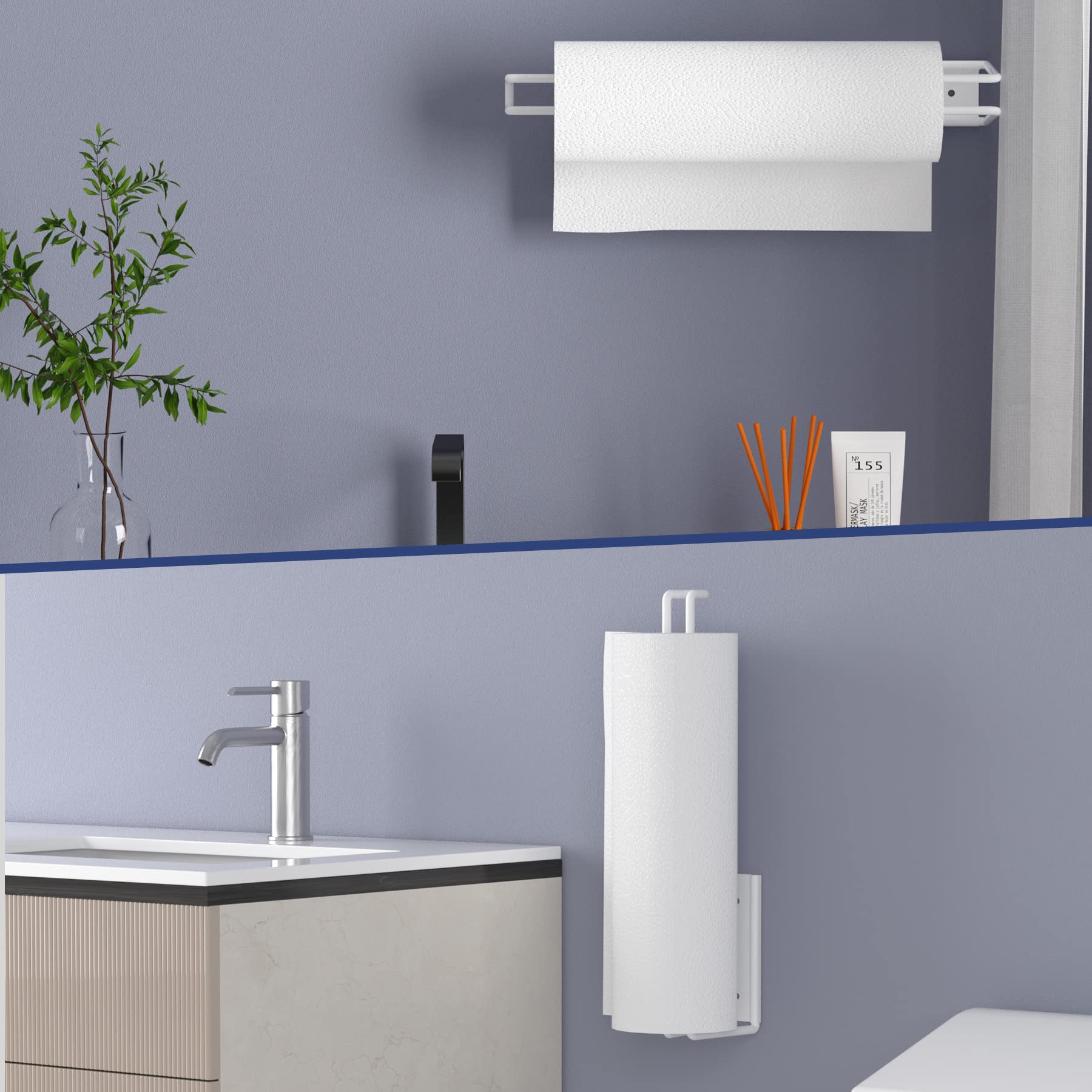 Antimbee Under Cabinet or Wall Mount Paper Towel Holder, 2 Mounting Types Adhesive/Screws, Stainless Steel Paper Towels Rolls Rack with Matte White Finish