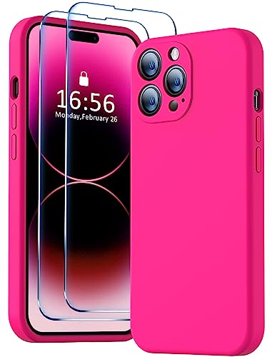 BossKiss Compatible with iPhone 14 Pro Case 6.1 inch, Premium Liquid Silicone Case [Velvety Touch] [2 Pcs 9H Tempered Glass Screen Protector], Camera All-Round Protection Shockproof Case, Hot Pink