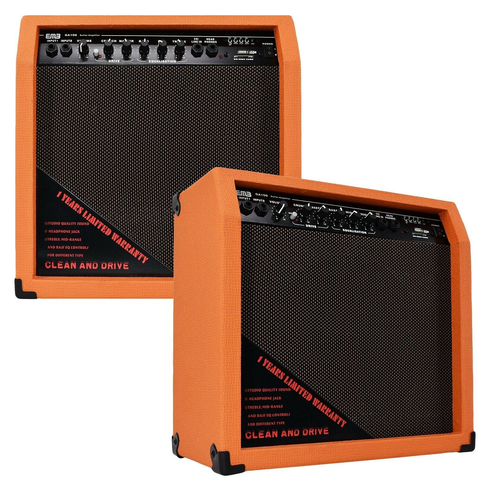 EMB GA100 500W 10" Electric Guitar Amplifier Speaker Portable Powerful Studio and Stage Cabinet PreAMP β with Built in Headphone Jack and 2 Inputs and SD USB AUX Bluetooth (Yellow)