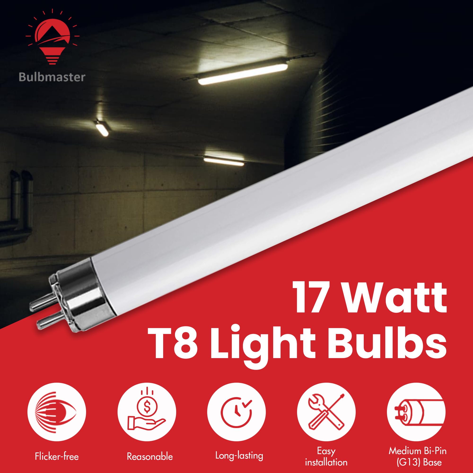 BULBMASTER 24 INCH - Fluorescent Tube T8 Fluorescent Light Bulbs, T8 Light Bulb, G13 Medium Bi-Pin Base, (F17T8/41K-6PK)