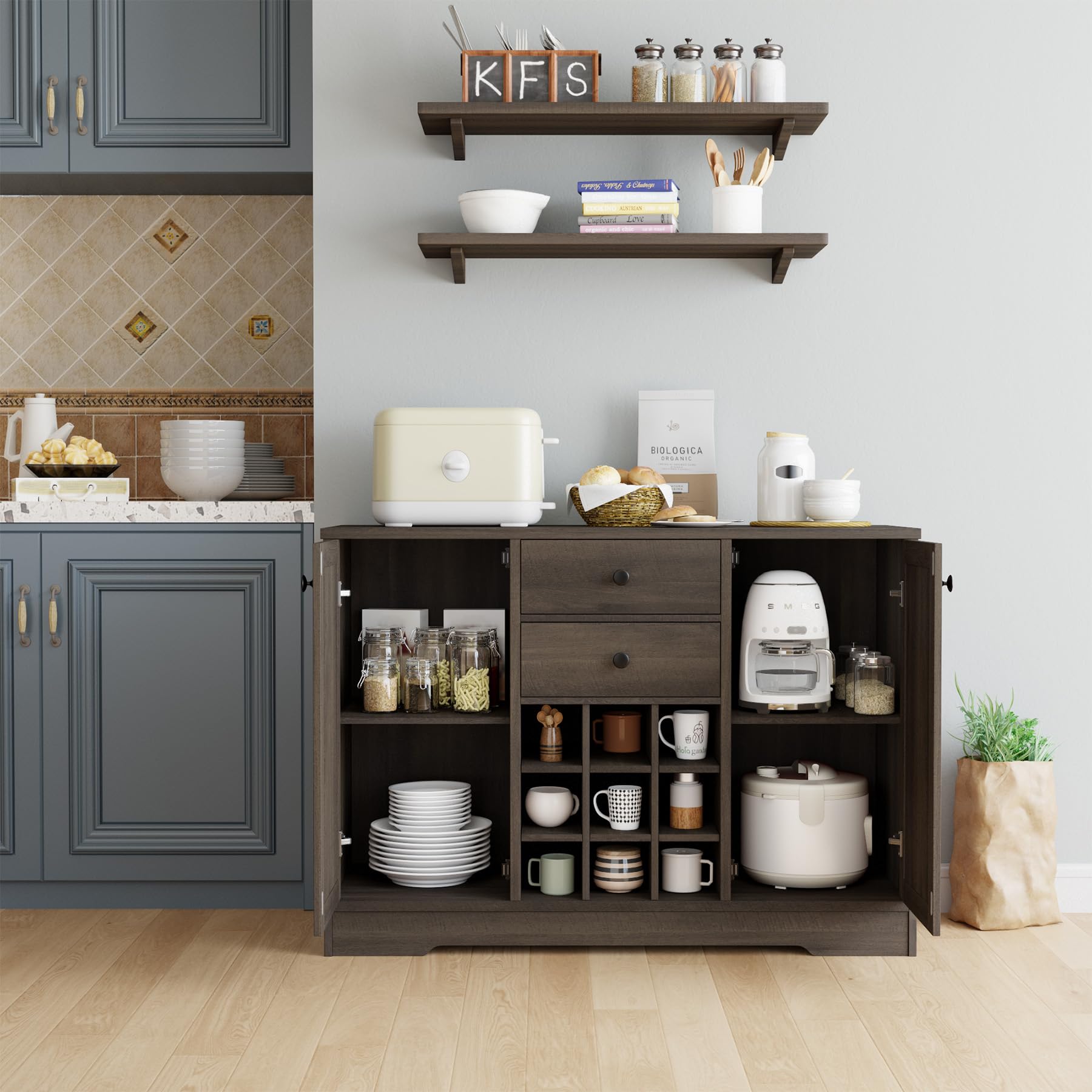 BOTLOG Buffet Sideboard Bar Cabinet with Storage, Farmhouse Coffee Bar Cabinet with 2 Drawers and Adjustable Shelves, 43.3β Kitchen Buffet Storage Cabinet for Kitchen, Dining Room (Dark Brown)