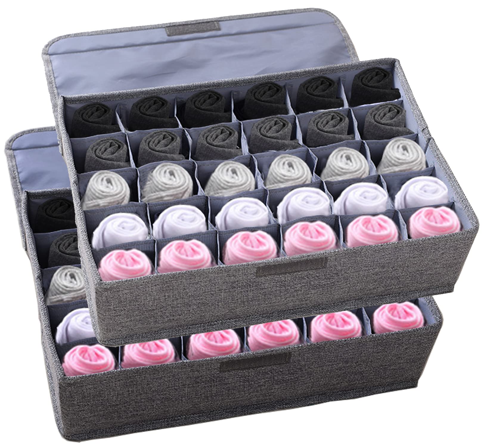 MURRI&MURRDI 2 Packs Sock and Underwear Storage for Closet with Lids,30 Cells Drawer Divider,Linen Cotton Sock Organizer,Foldable Closet Storage Box Bin for Socks, Lingerie, Ties,Scarves (2 Grey)