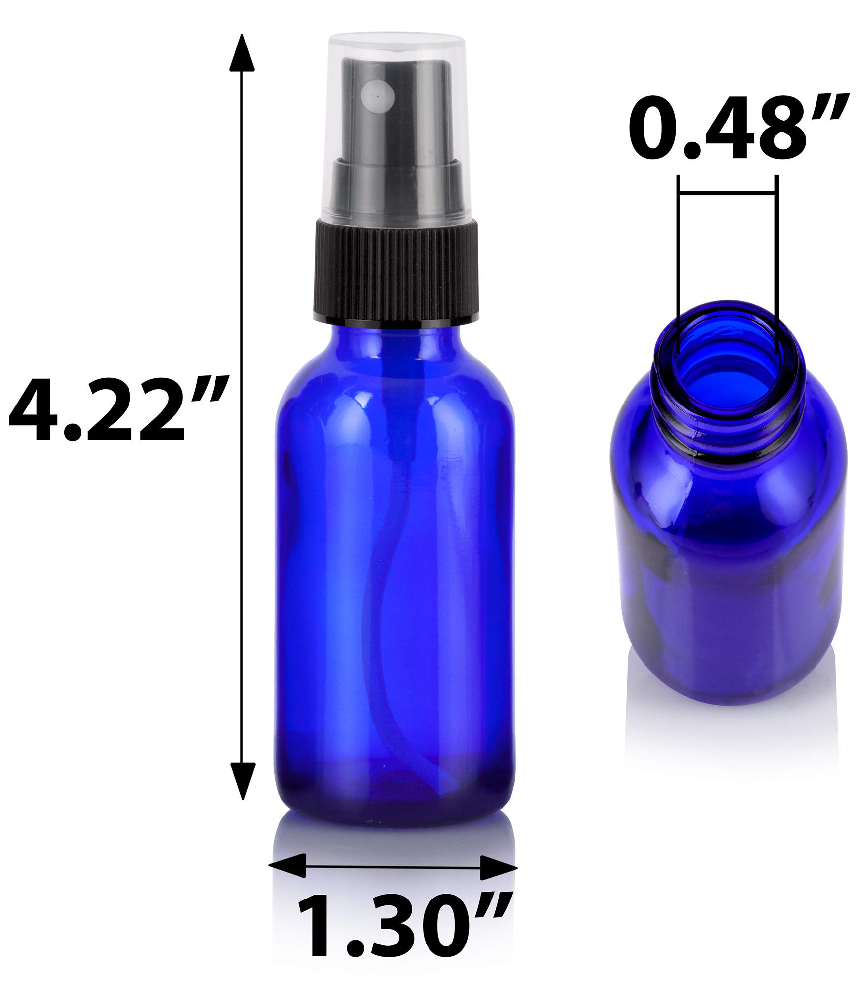 JUVITUS 1 oz Cobalt Blue Glass Boston Round Bottle with Black Fine Mist Spray (12 Pack) + Funnel