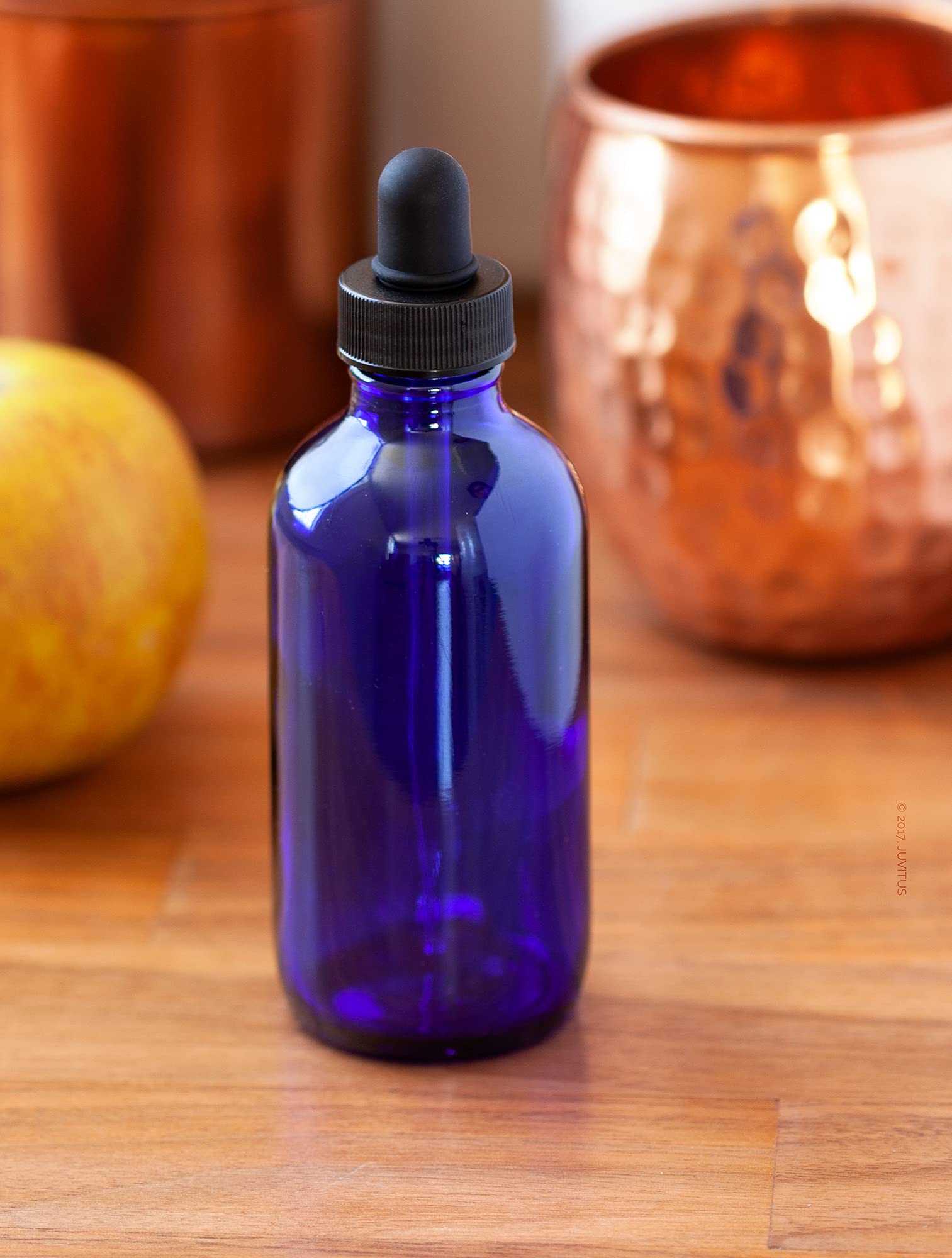 JUVITUS 4 oz / 120 ml Cobalt Blue Glass Boston Round Bottle with Black Dropper (2 Pack) + Clear Travel Bag