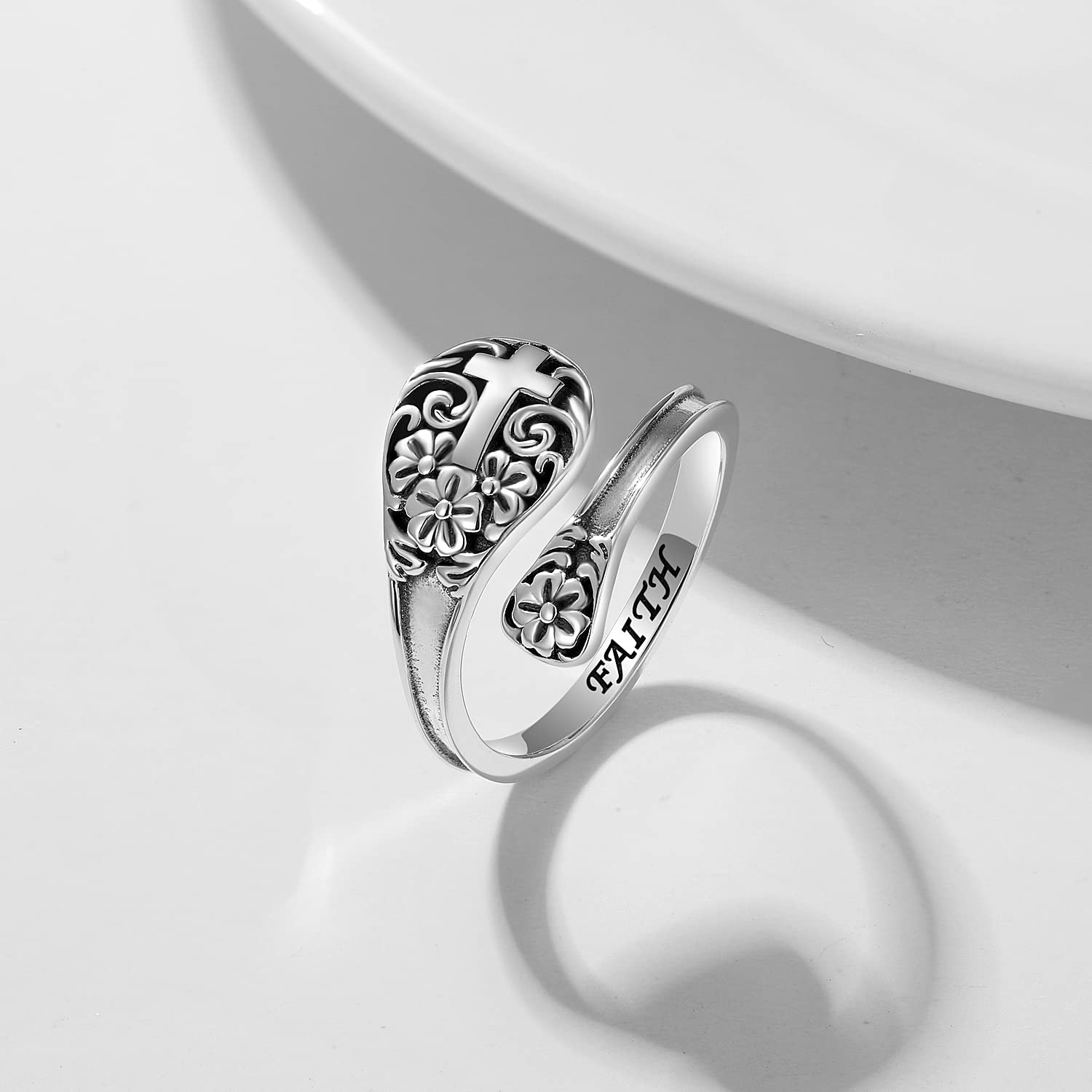 AMBCESSER Sterling Silver Cross Spoon Ring - Oxidized Vintage Flower Faith Rings Adjustable Size Inspirational Jewelry