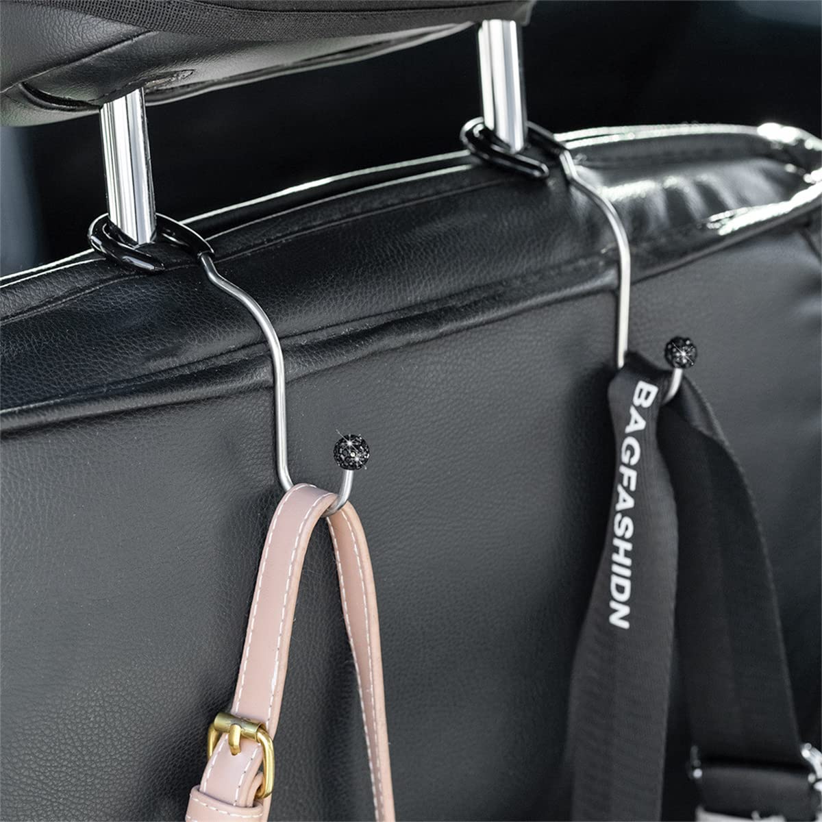 AUCELI 2PCS Bling Car Headrest Hooks, Diamond Car Back Seat Headrest Organizer, Rhinestones Vehicle Seat Metal Hanger for Bag Purse Clothes Grocery, Universal Auto Interior Accessories (Black)