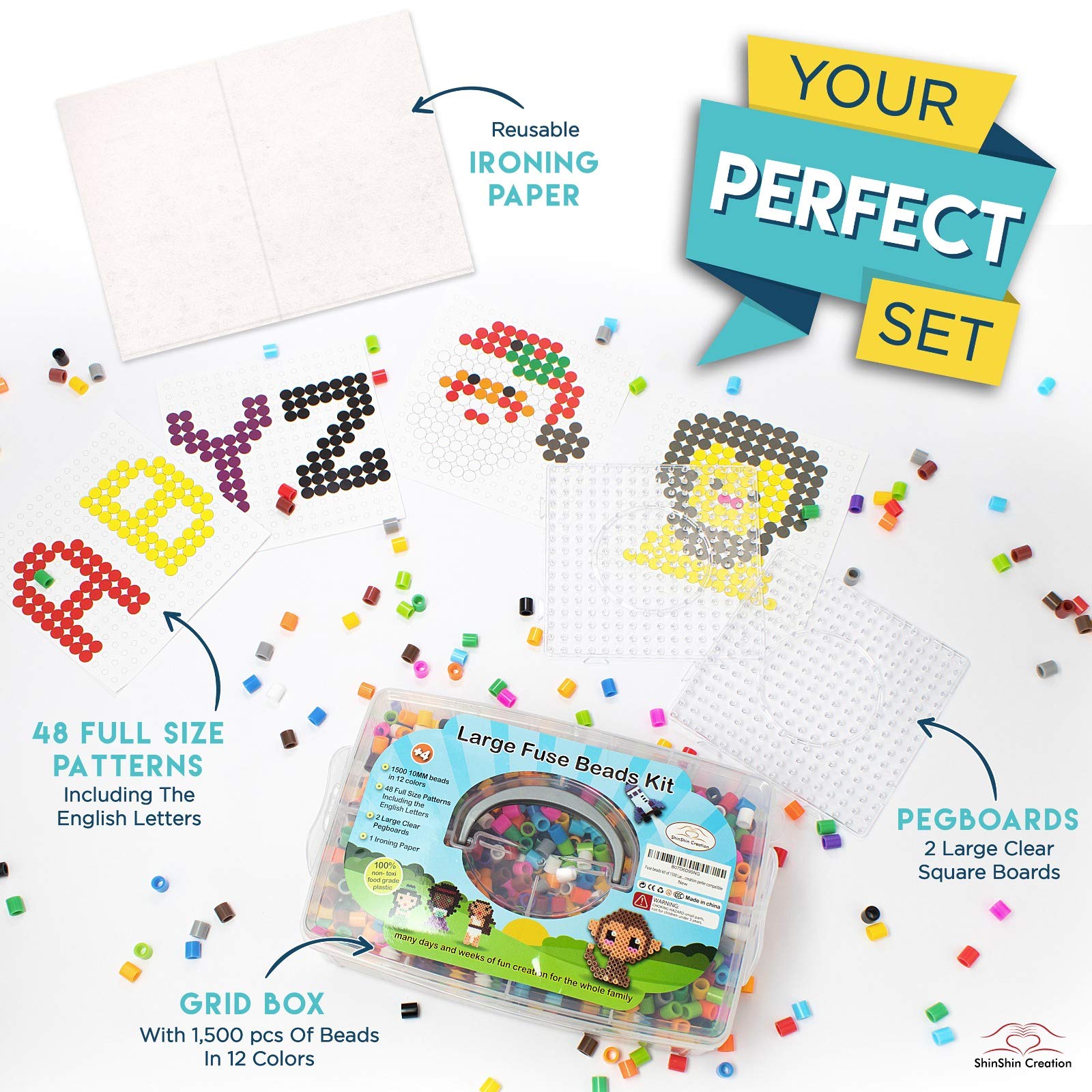Fuse Beads kit of 1500 Large 10MM Melty Beads Perfect for Ages 4-7 with 48 Patterns and pegboard Arts and Crafts for Girls and Boys