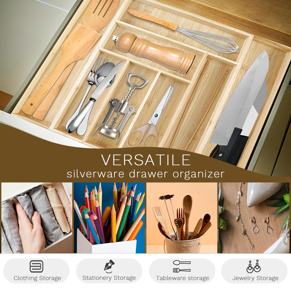 Bamboo Drawer Organizer for Utensils Holder,Silverware Organizer Kitchen Drawer Expandable Bamboo Cutlery Tray, Adjustable Wood Cutlery Tray in Drawer for Flatware and Silverware in Kitchen (yellow)