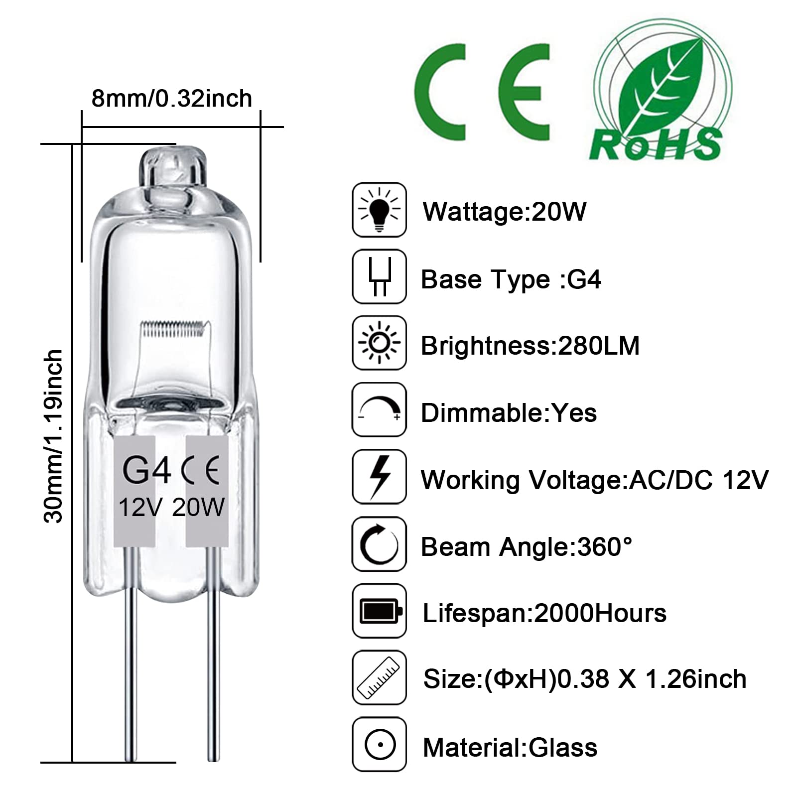 VITUNOV G4 Halogen Bulb 12V 20W, 12 Pack G4 Light Bulb Dimmable, T3 JC Type G4 Base Bi-Pin Bulb, for Under Cabinet Puck Light, Chandeliers, Landscape Lighting, Warm White 2700K