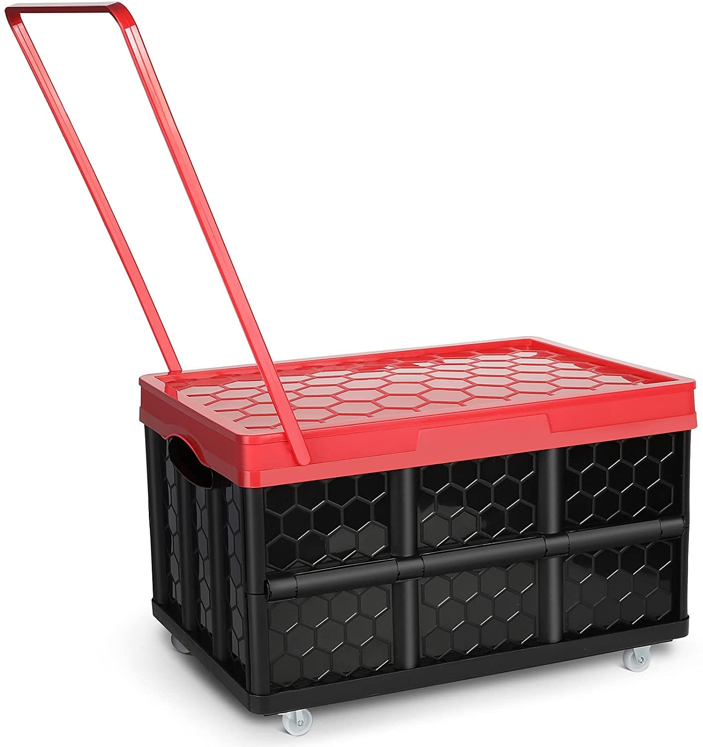 Astarama Foldable Storage Bins withLid, Stackable Storage Box with Removable Pulleys and Trolley, RetractableFoldable Storage Box (Black)